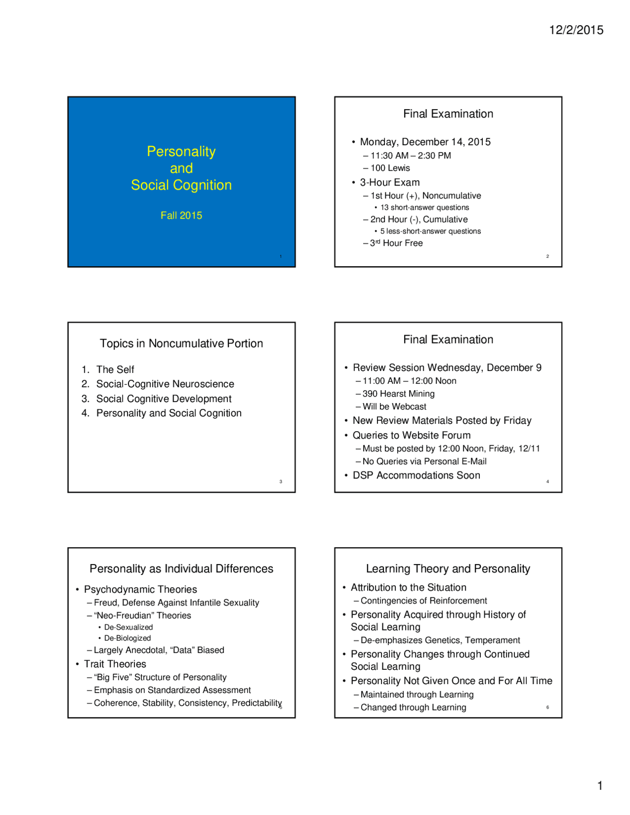 Personality and Social Cognition Final Examination Fall 2015 | Slides ...