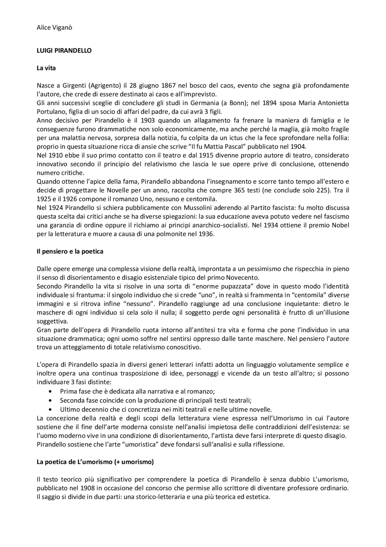 La vita e la poetica di Luigi Pirandello | Appunti di Italiano | Docsity