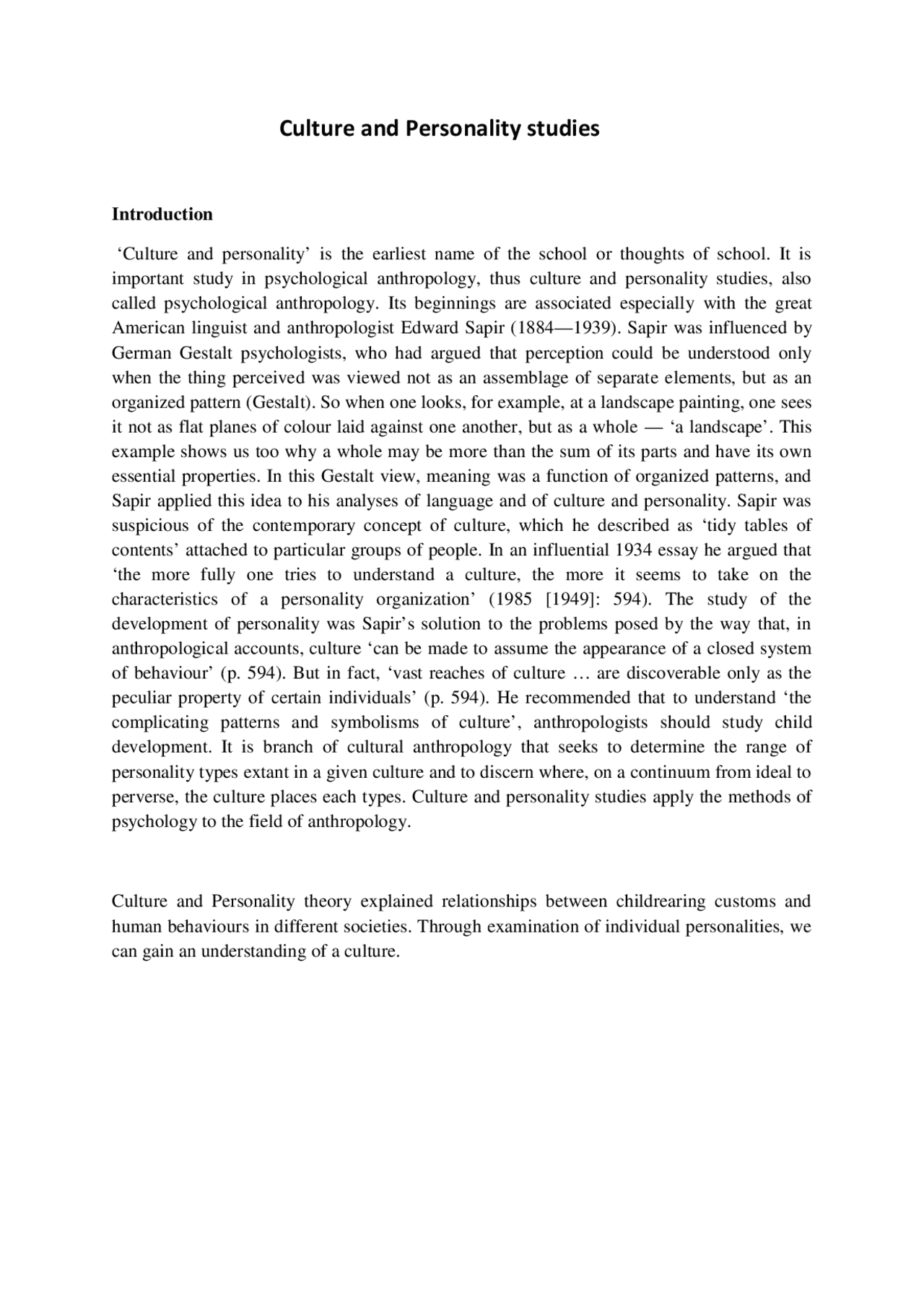 Culture and Personality studies - Docsity