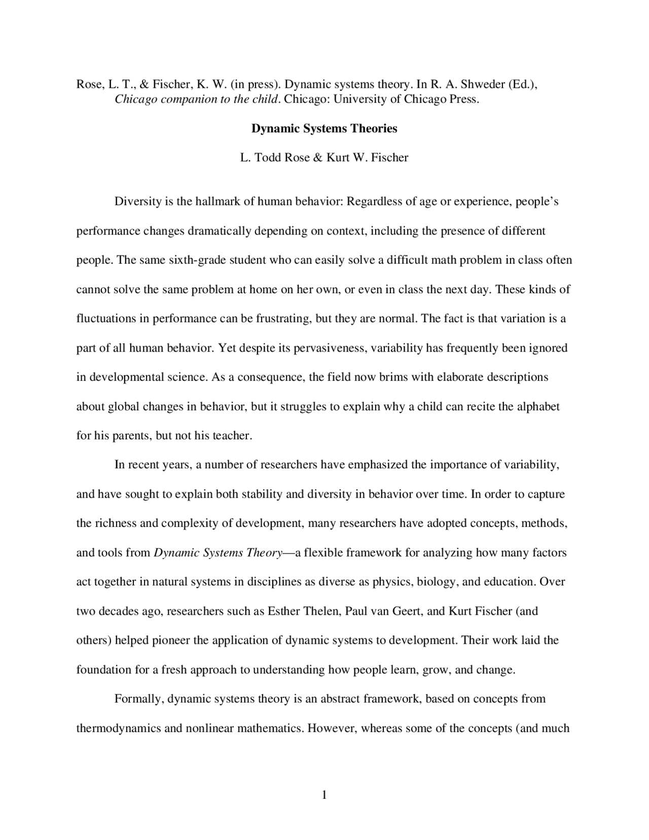 Dynamic Systems Theories - Docsity