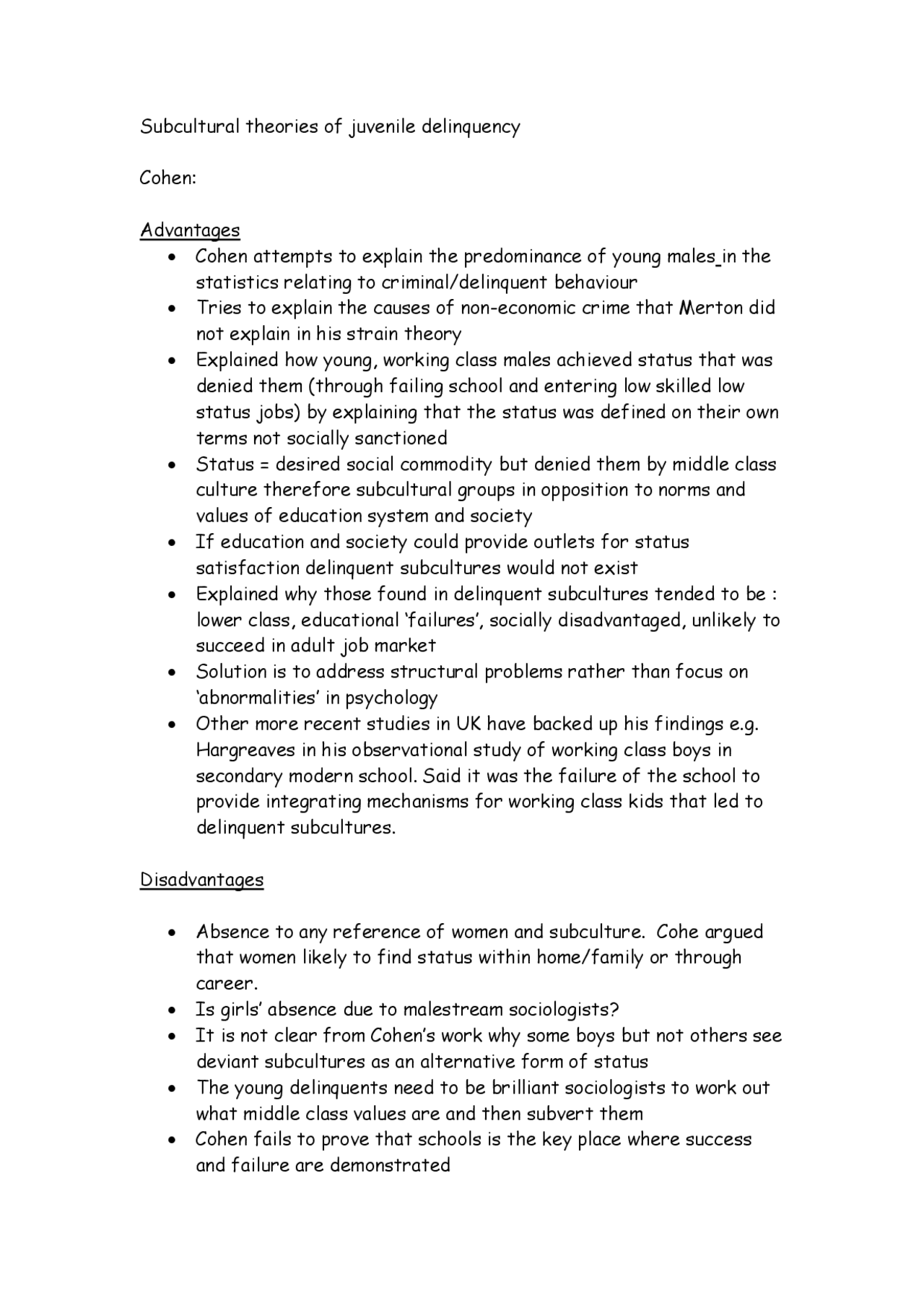 Subcultural Theories Of Juvenile Delinquency Lecture Notes