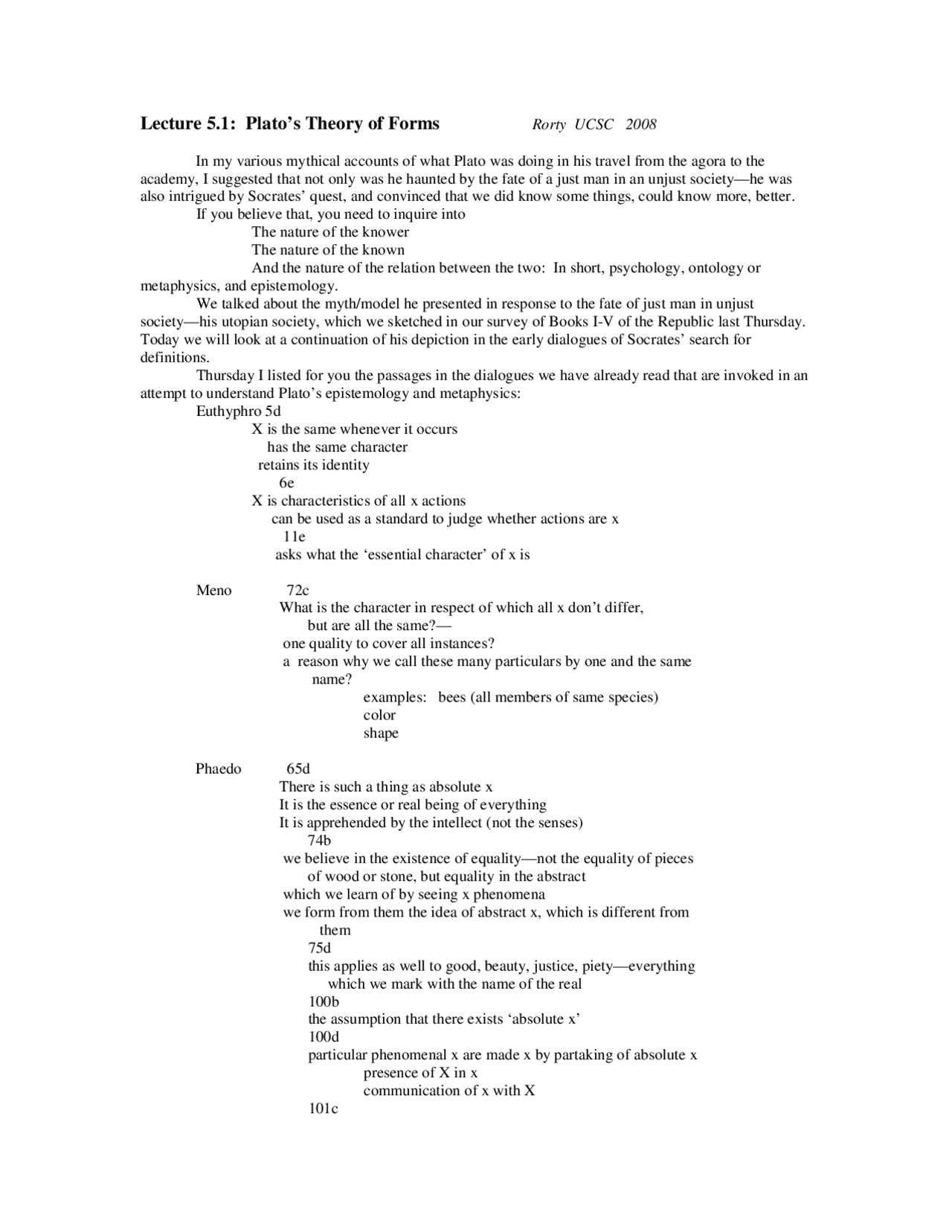 Lecture 5 Plato’s Theory of Forms - Docsity