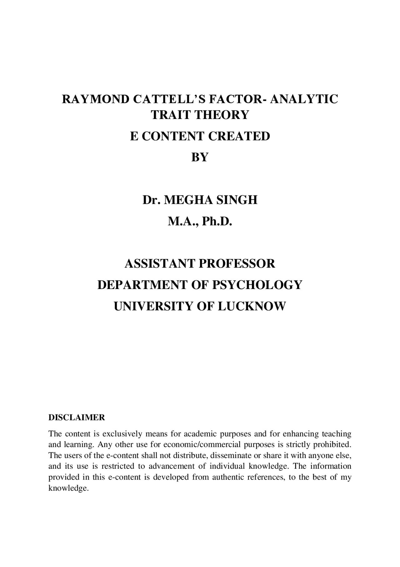 Raymond Cattell’s Factor- Analytic Trait Theory - Docsity