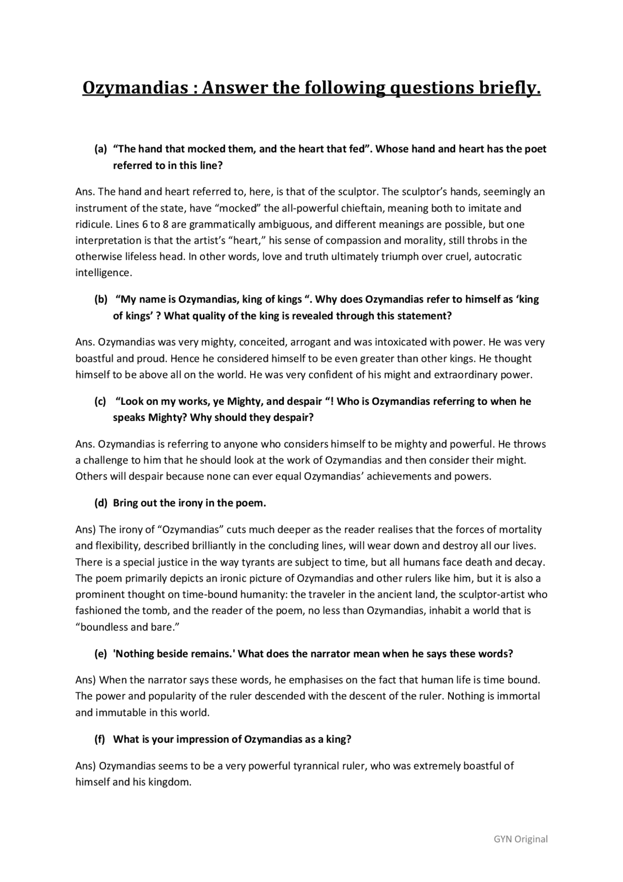 Ozymandias questions - Docsity