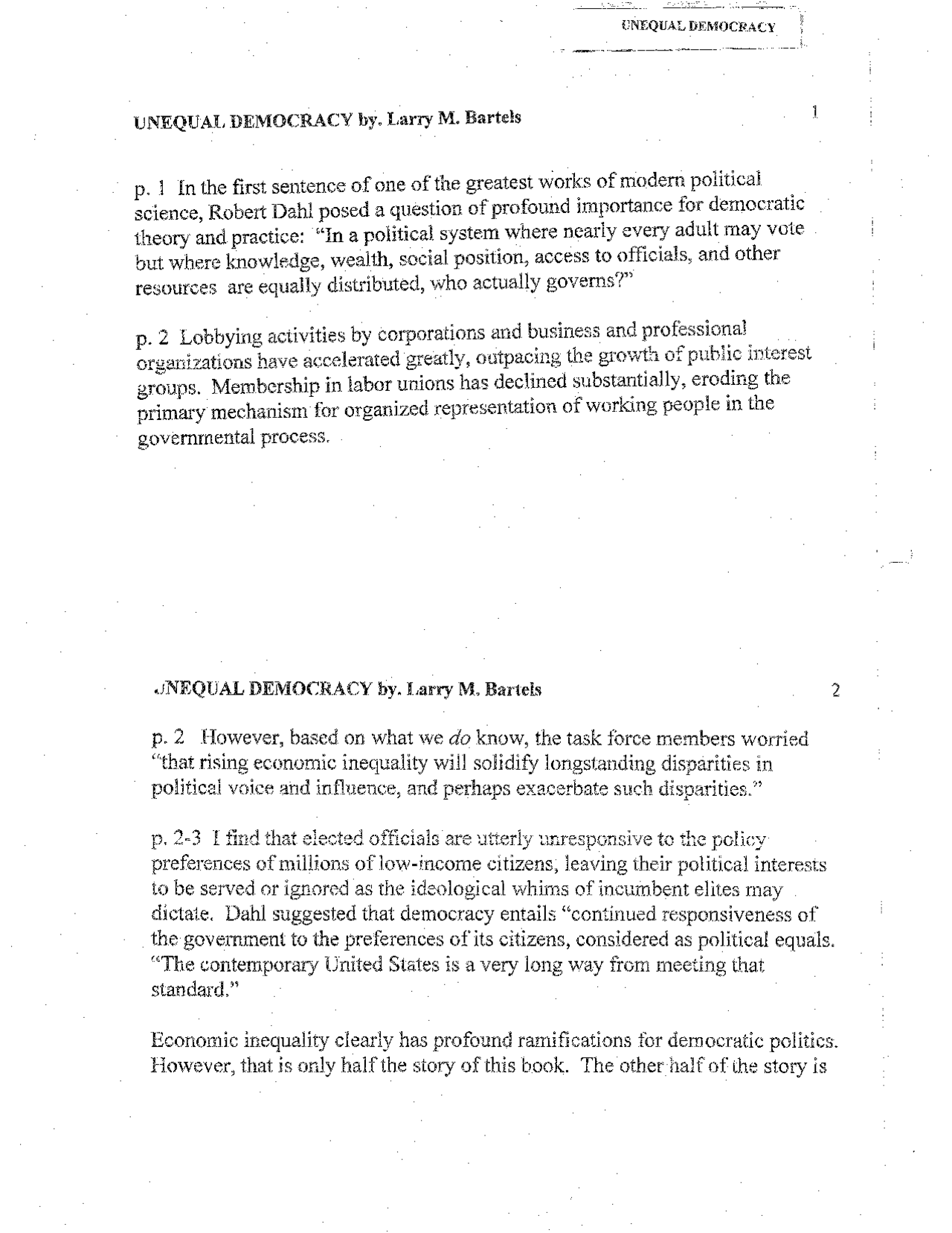 Unequal democracy - Docsity