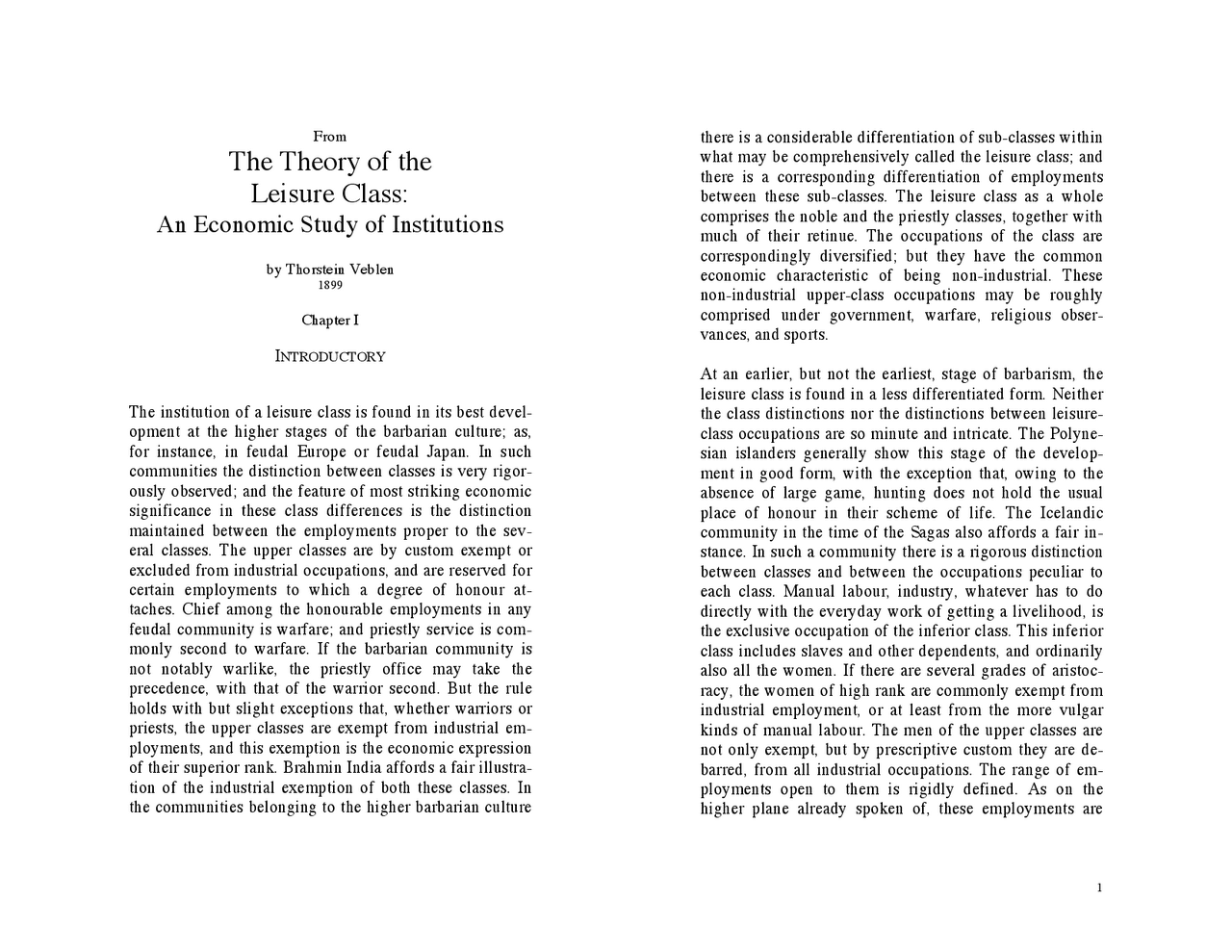 Leisure Class Theory: An Economic Study of Institutions - Docsity