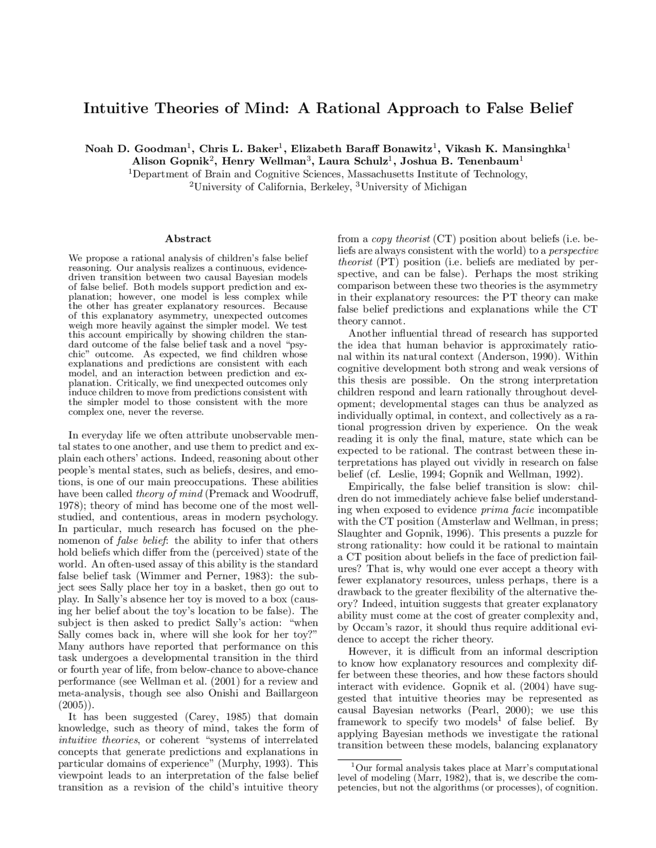 Theories of Mind: A Rational Approach to False Beliefs - Docsity
