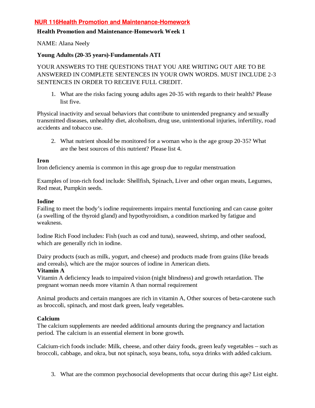 NUR 116Health Promotion and Maintenance-Homework - Docsity