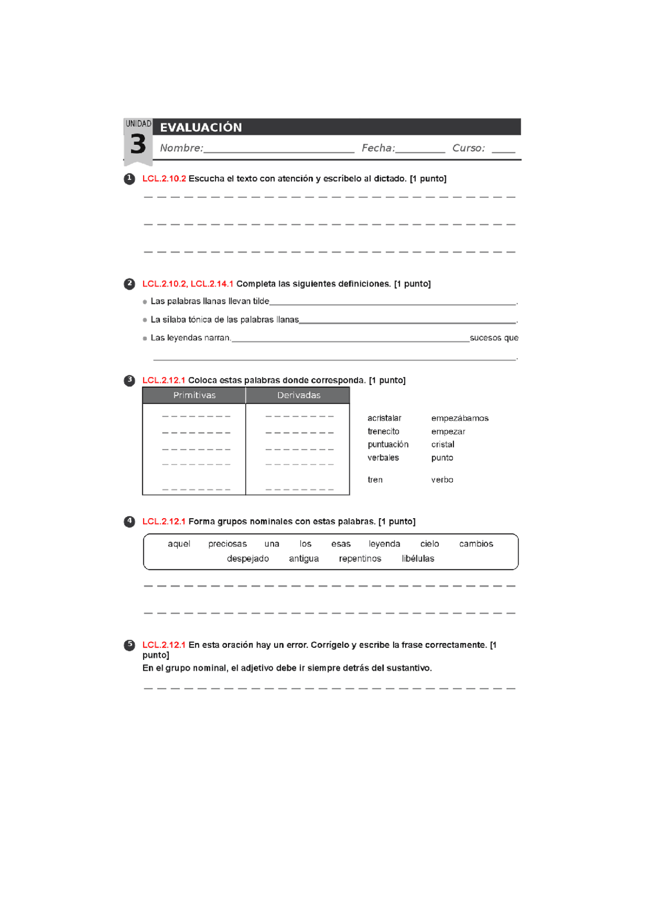 4 de primaria examen unidad 1-3 | Apuntes de Lengua y Literatura | Docsity