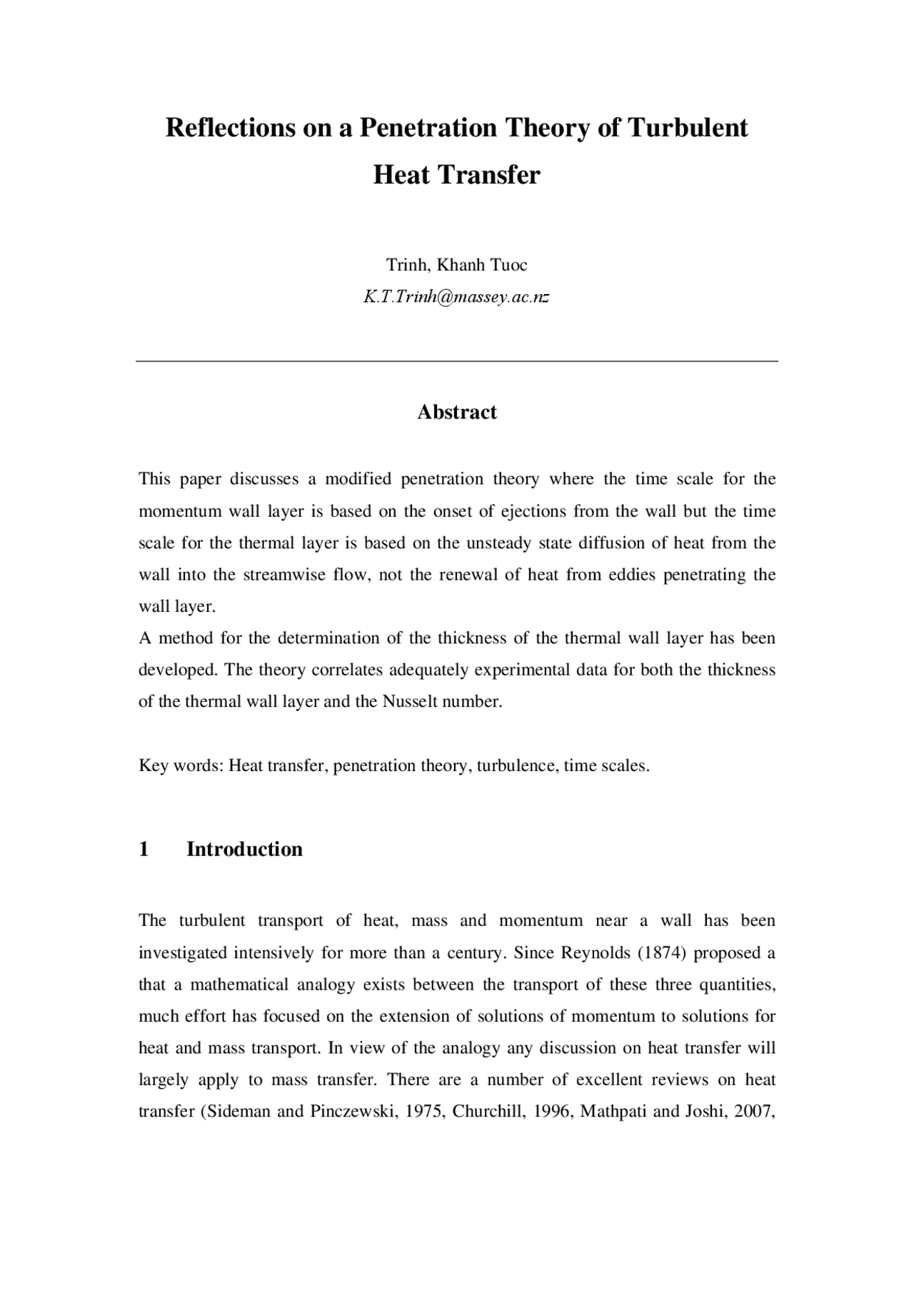 Reflection on a Penetration theory of turbulent heat transfer - Docsity