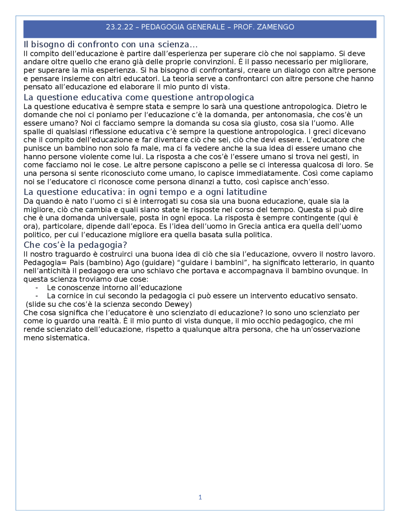 Appunti Pedagogia Prof Zamengo Docsity