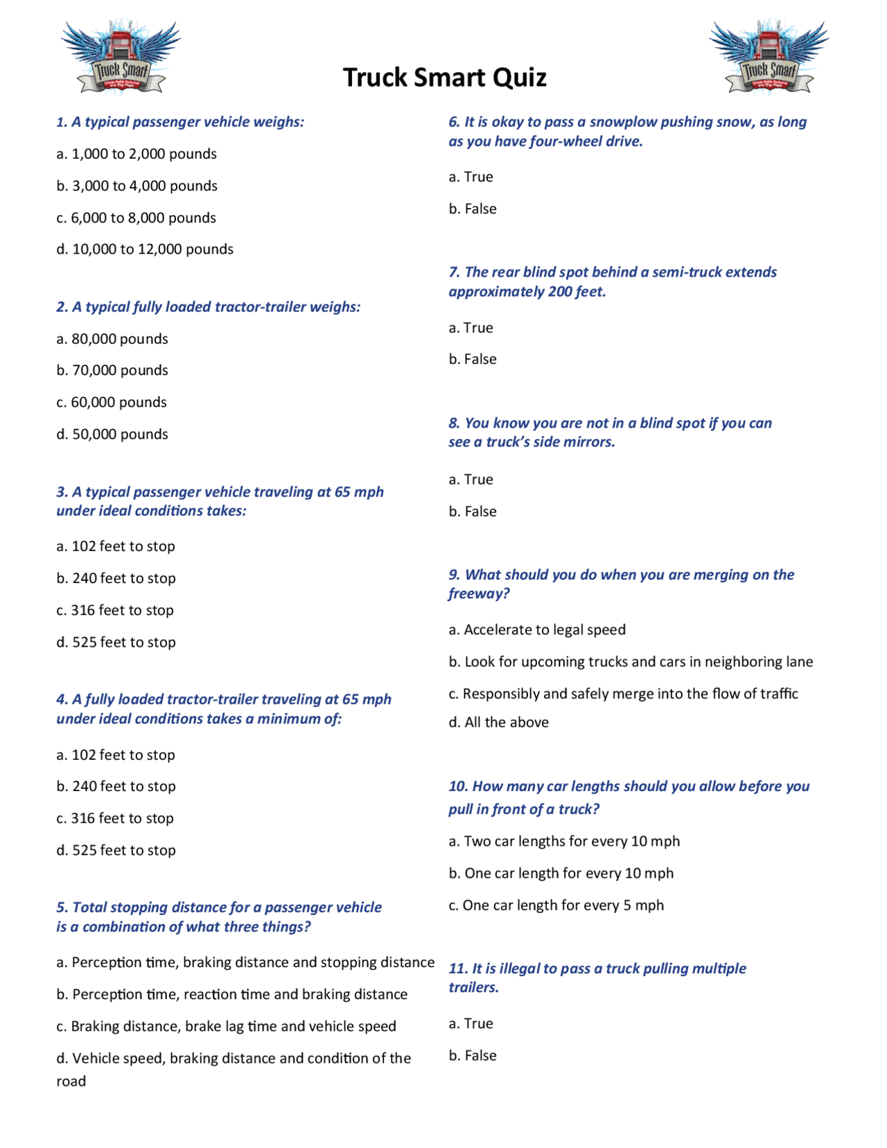 Truck Smart Quiz - Docsity