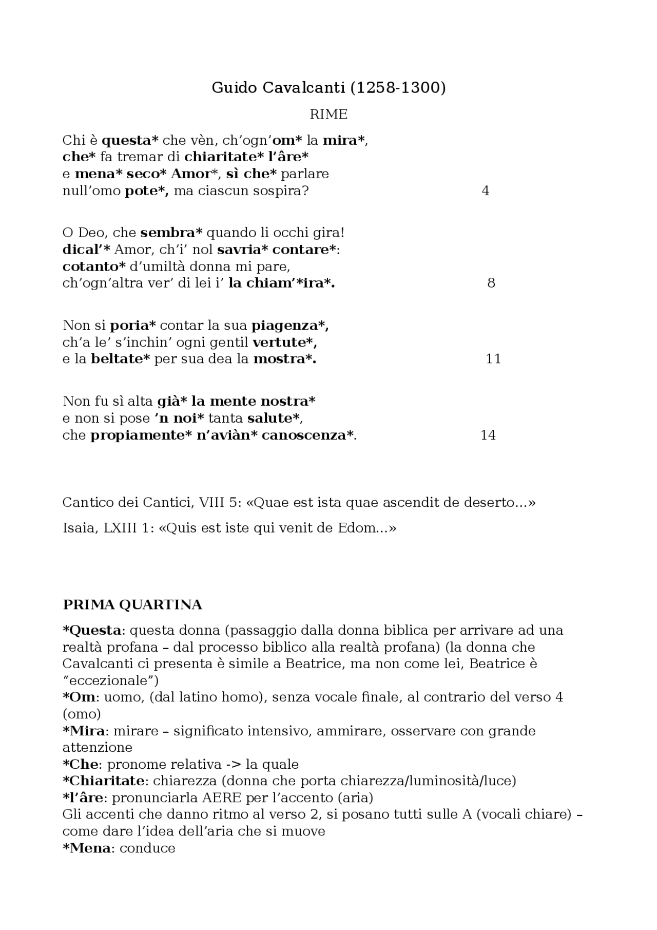 Testo Parafrasi E Appunti Sul Testo Di Cavalcanti Docsity