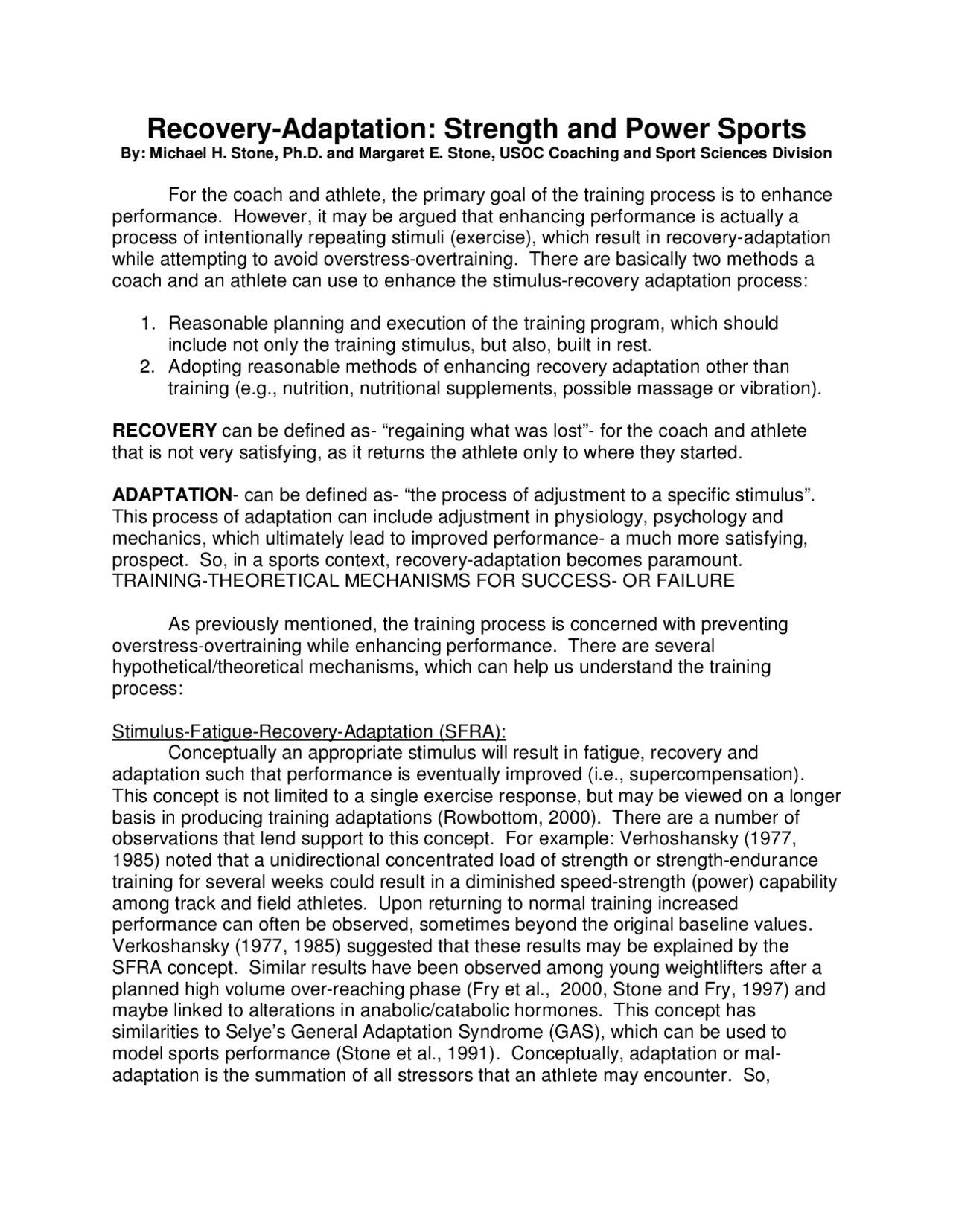 Recovery-adaption: Strength and Power Sports - Docsity