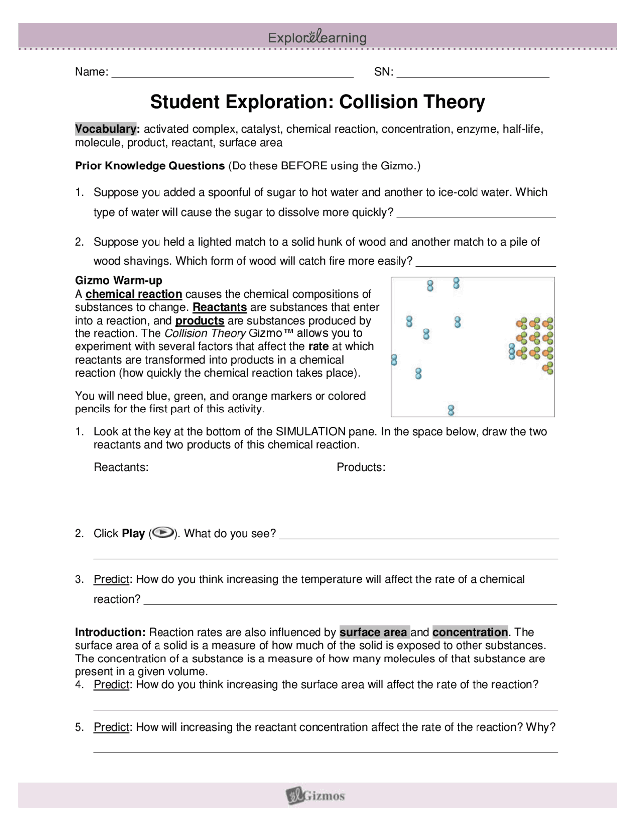 Student Exploration: Collision Theory | Exercises Chemistry | Docsity