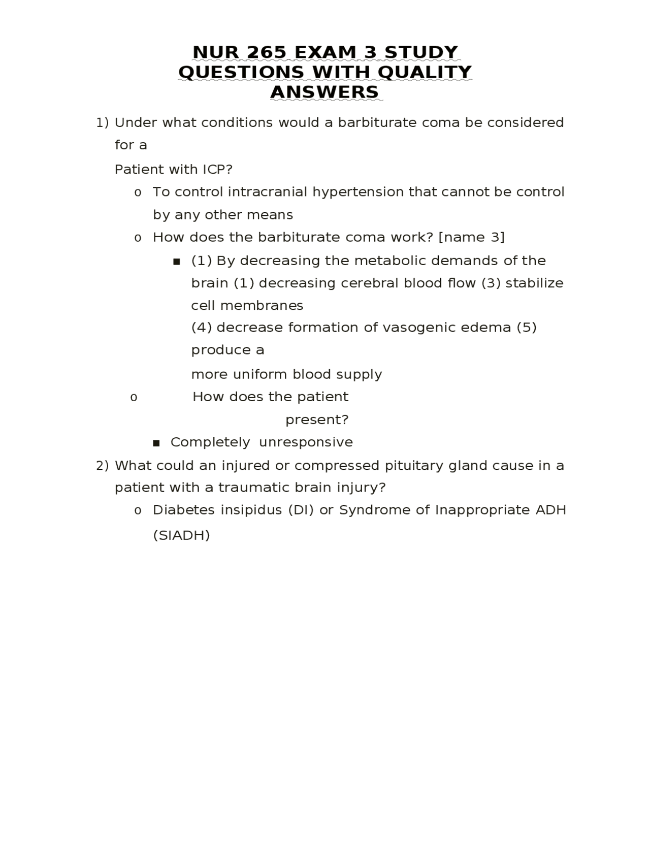 NUR 265 EXAM 3 STUDY QUESTIONS WITH QUALITY ANSWERS - Docsity