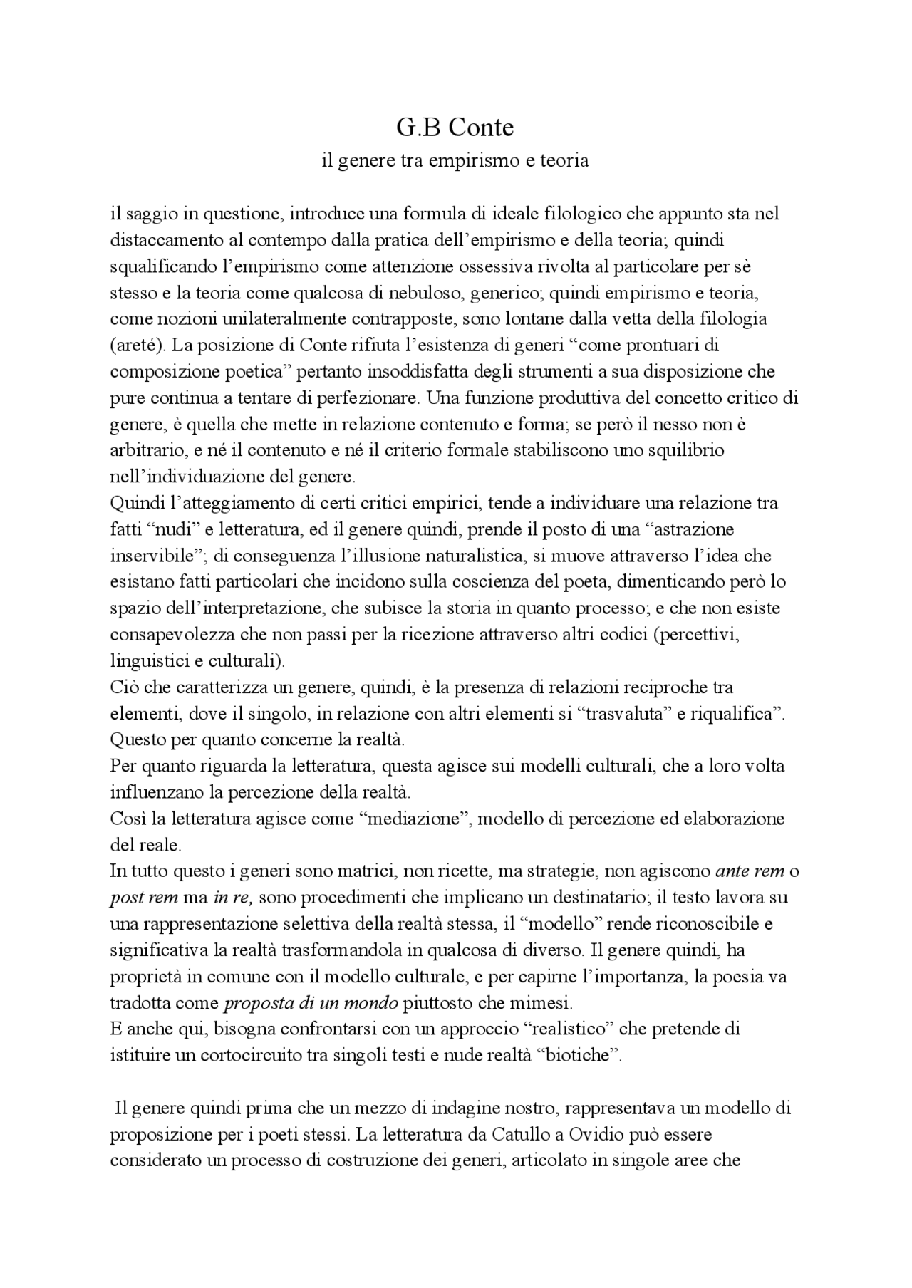 Riassunto Gb Conte Il Genere Tra Empirismo E Teoria Appunti Di