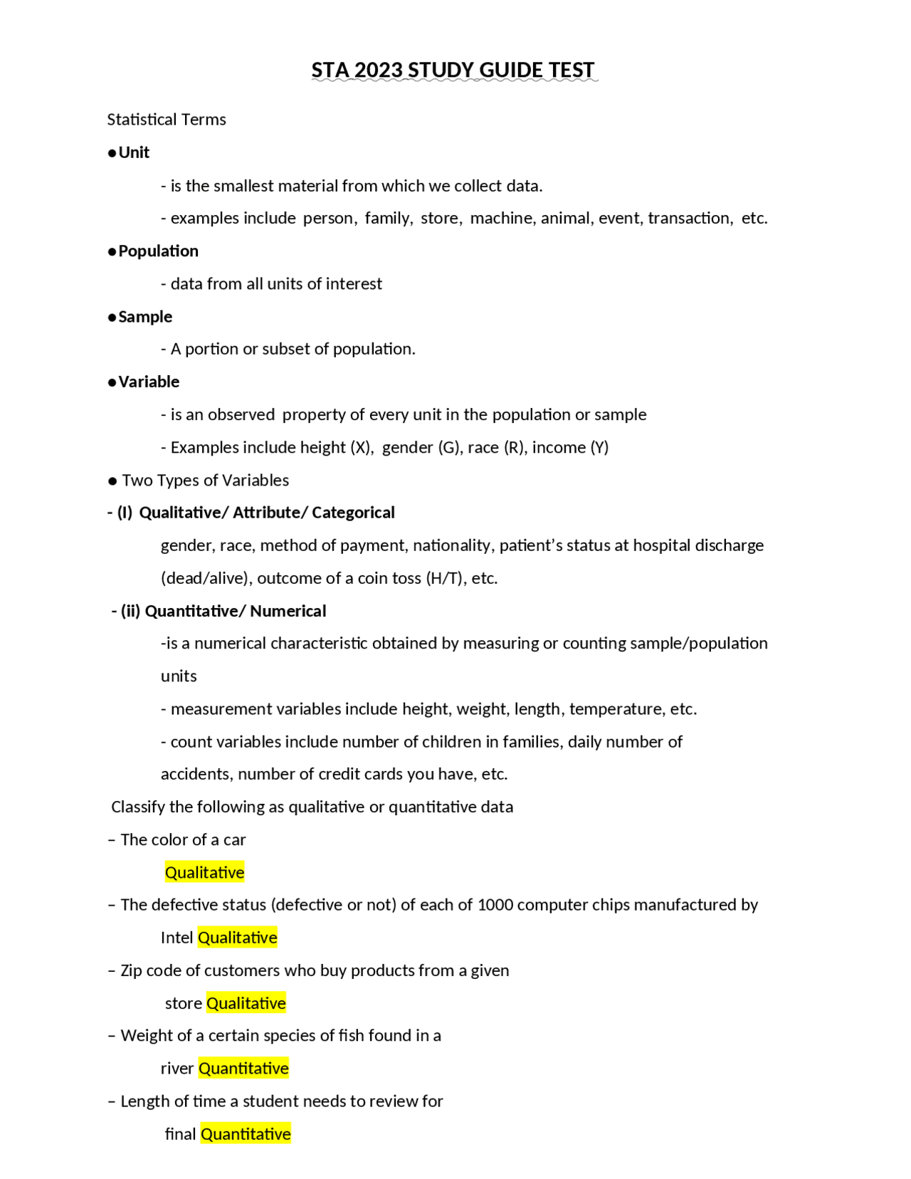 STA 2023 STUDY GUIDE TEST WITH ANSWERS | Exams Nursing | Docsity