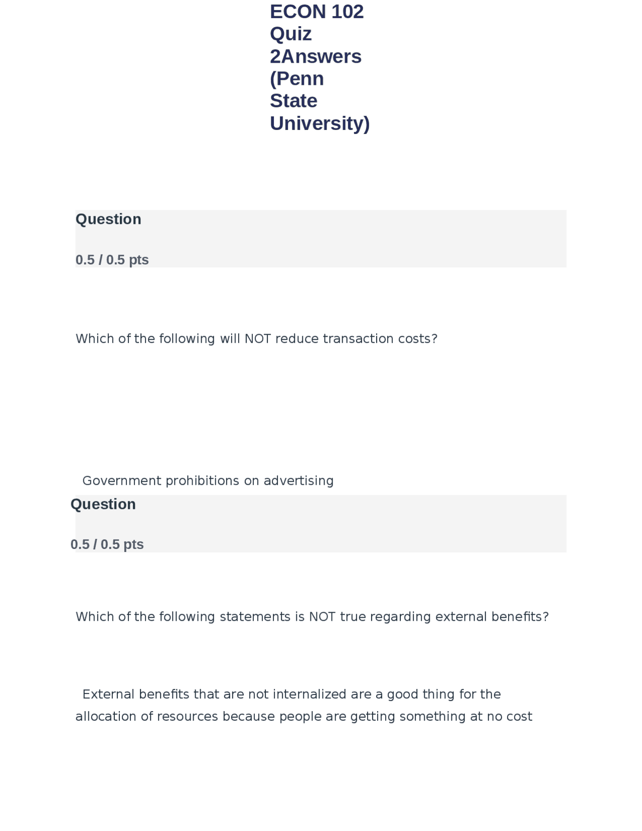 ECON 102 Quiz 2Answers (Penn State University) | Exams Nursing - Docsity