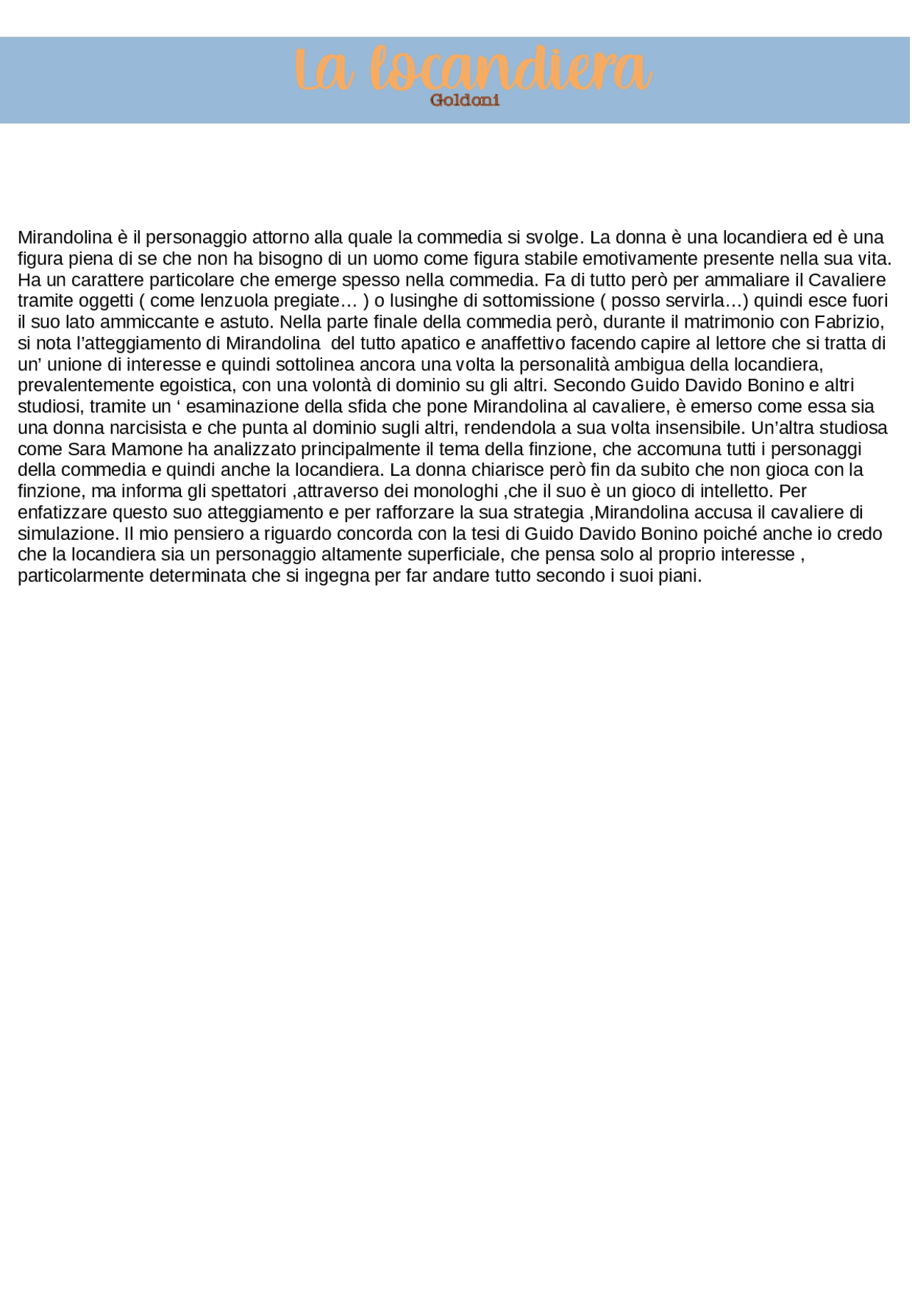La Locandiera Goldoni Docsity