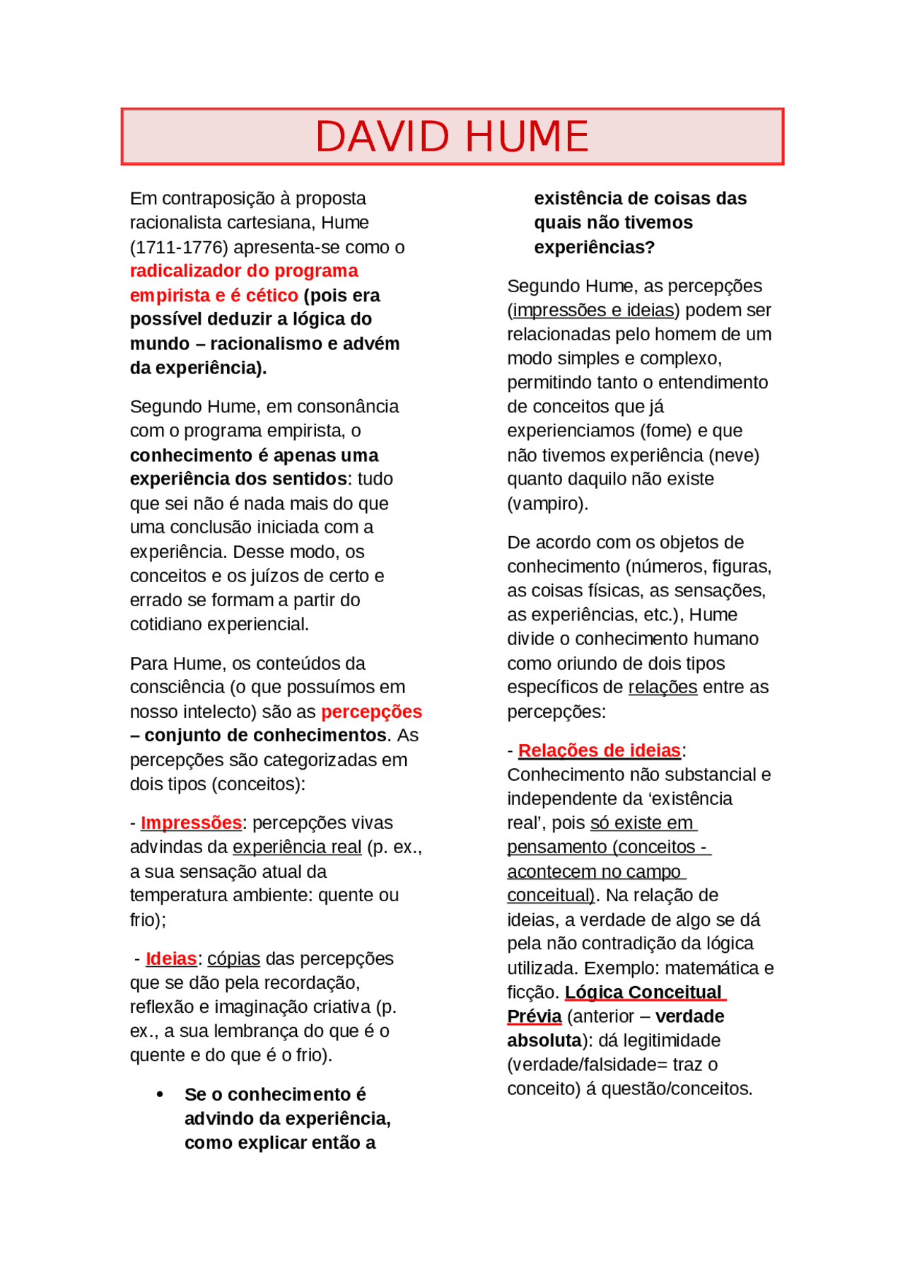 Resumo de David Hume | Notas de estudo Filosofia | Docsity