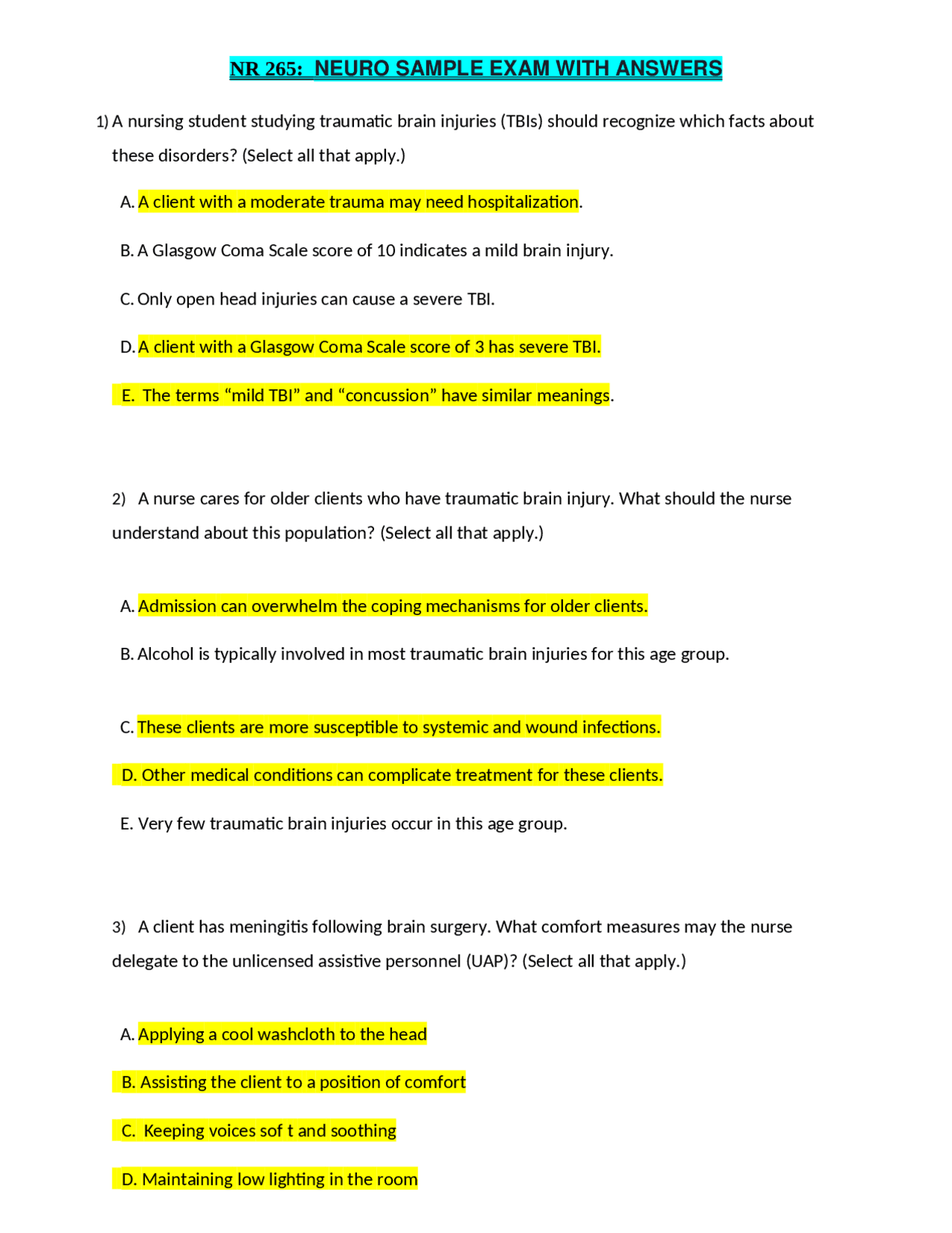 NR 265: NEURO SAMPLE EXAM WITH ANSWERS - Docsity
