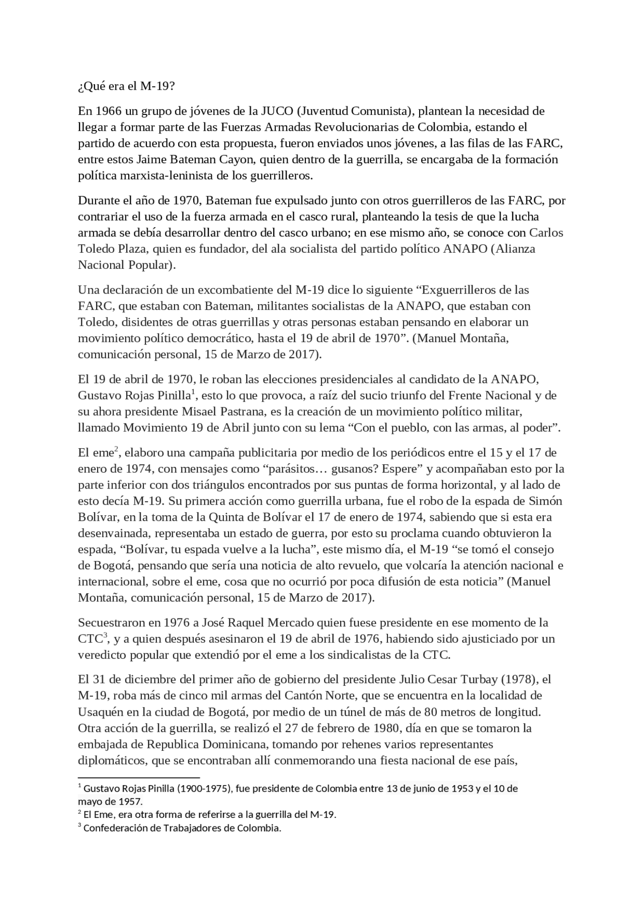 Resumen historico de la guerrilla del M19 - Docsity