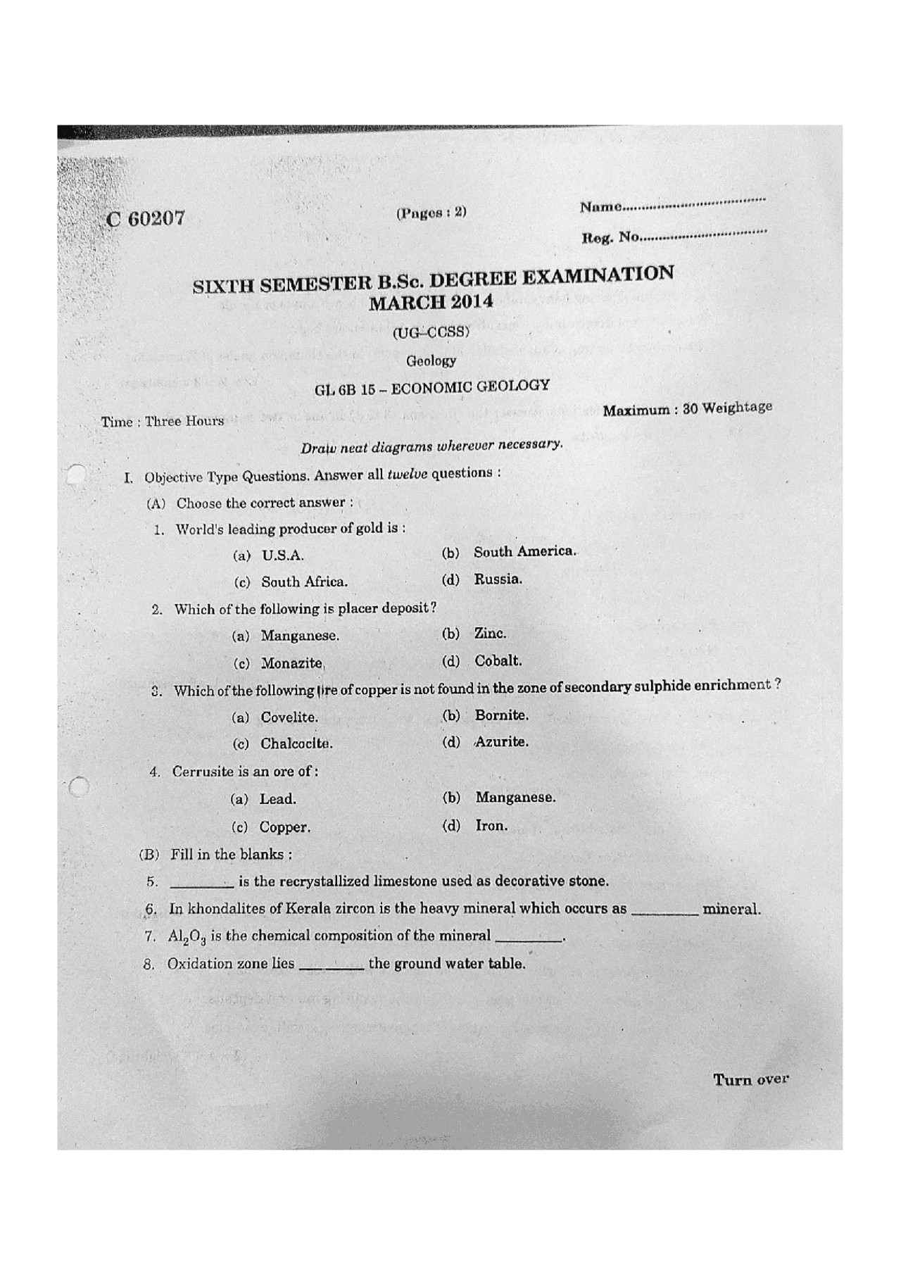 6th Sem Geology Previous Year Question Papers Docsity