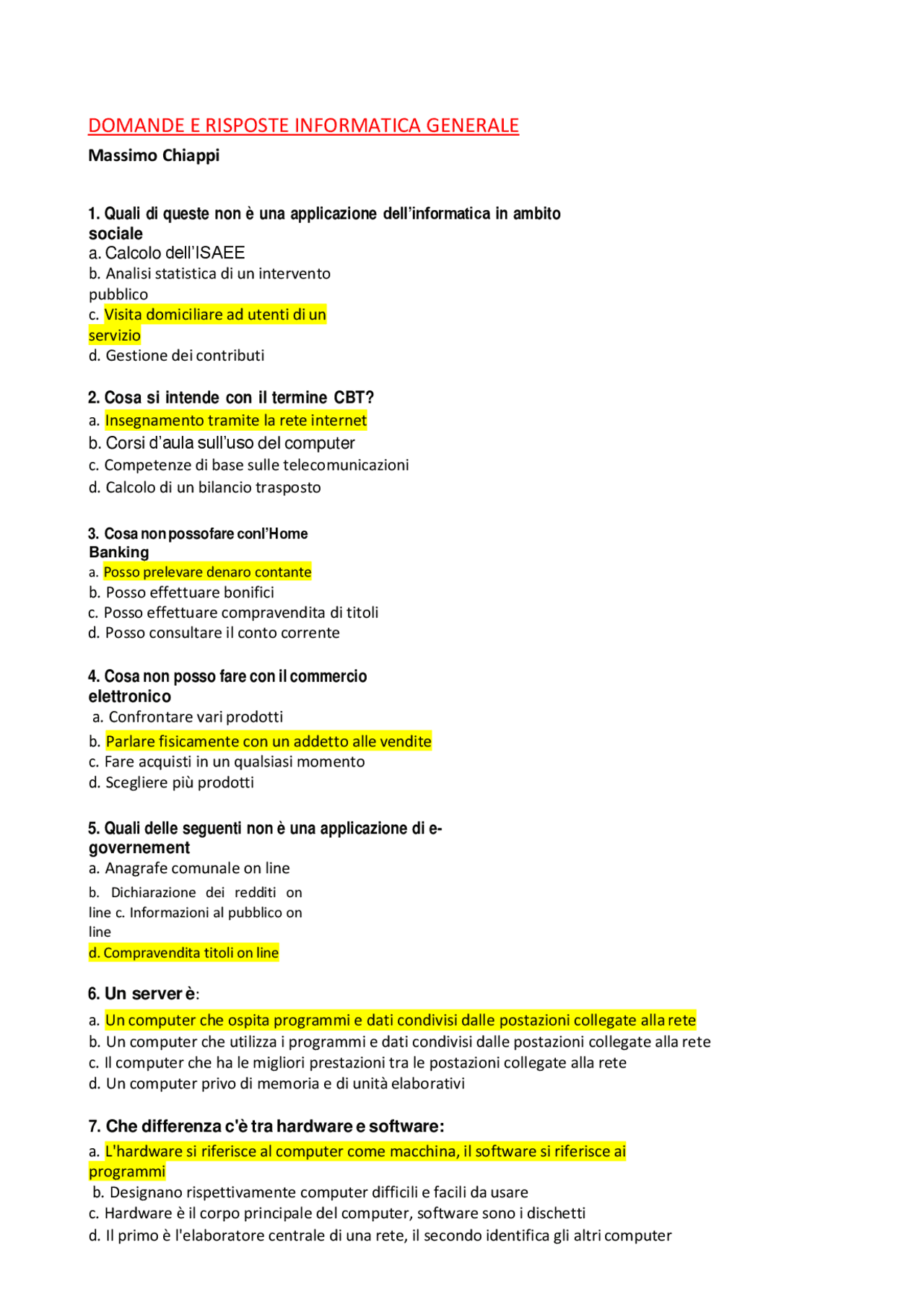 Domande E Risposte Informatica Generale Prove Desame Di Elementi Di