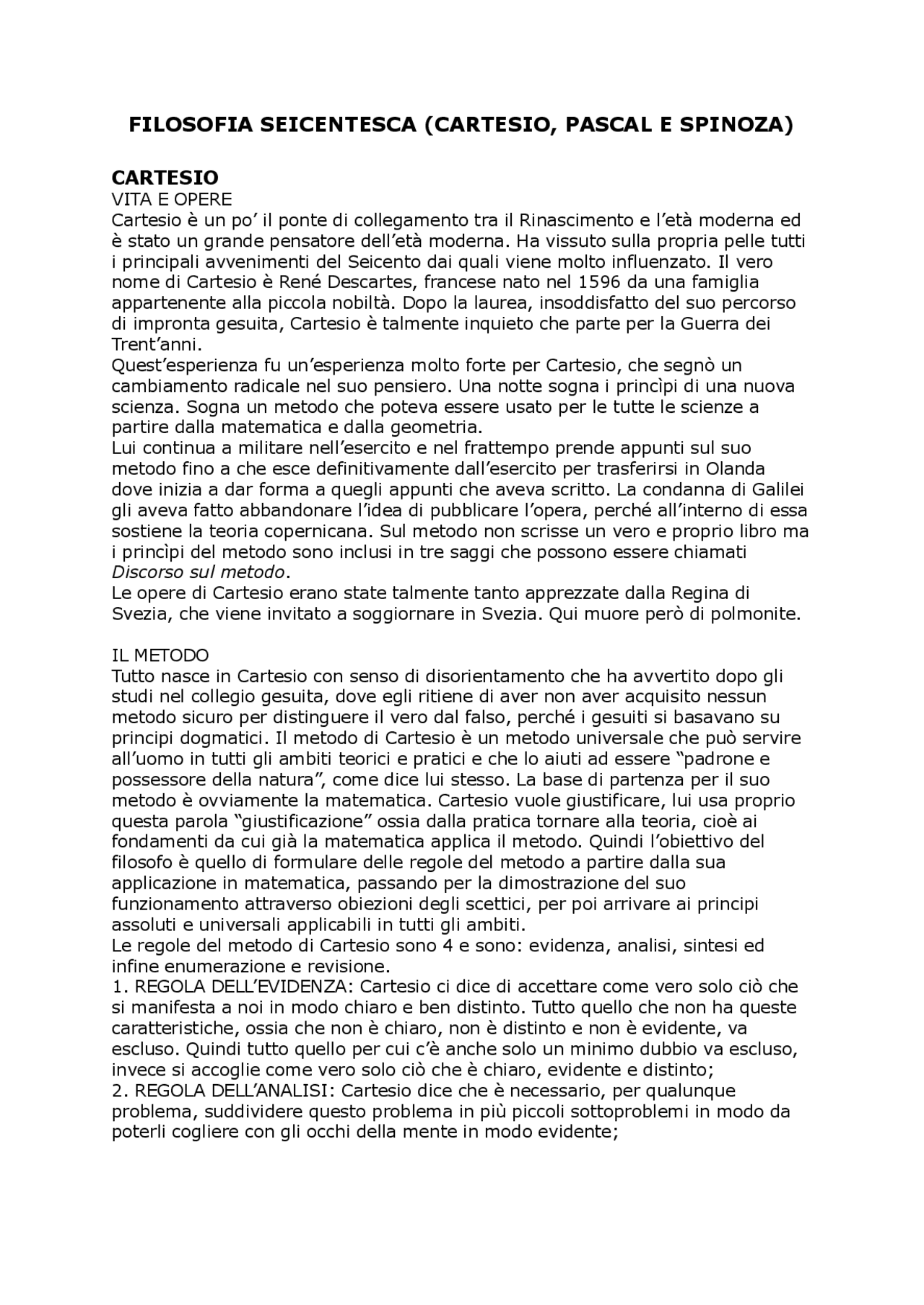 Appunti Su Cartesio Pascal Spinoza Appunti Di Filosofia Docsity