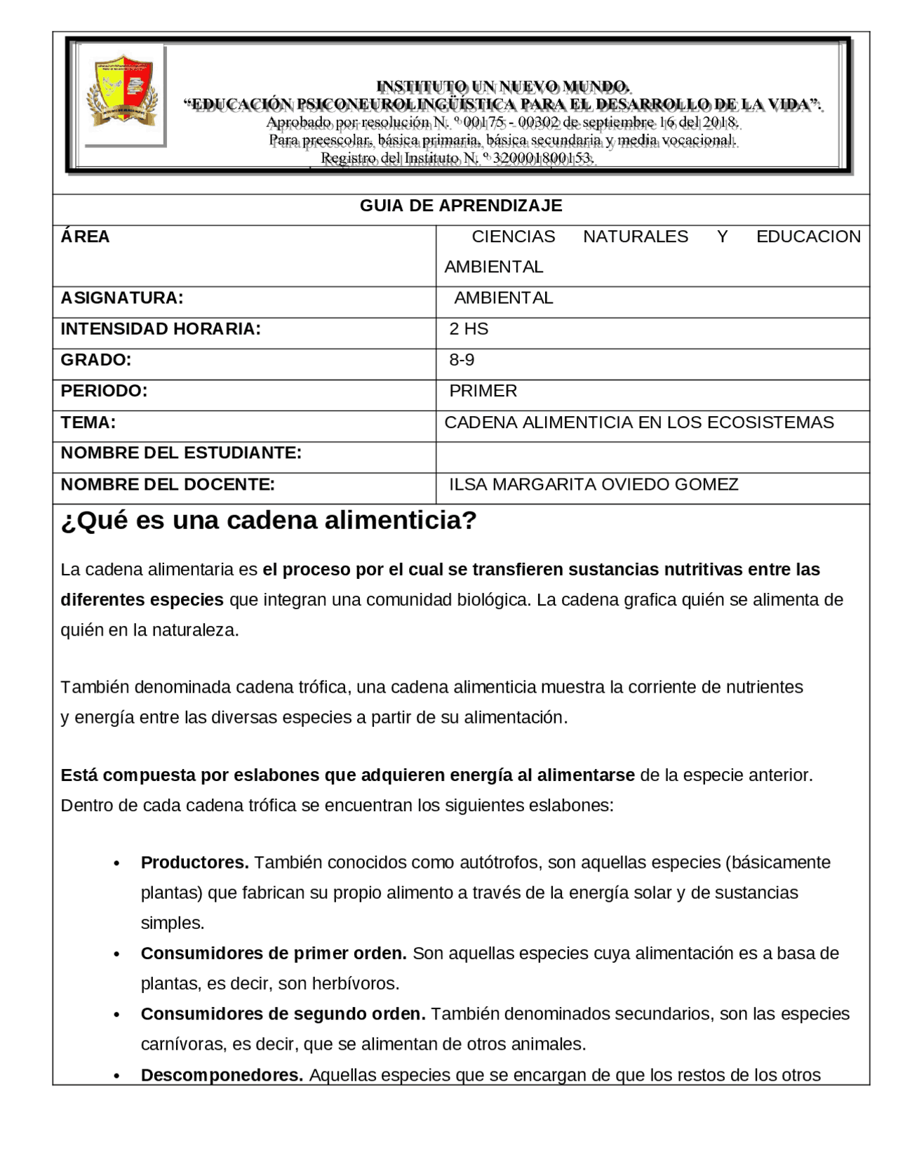 CADENA ALIMENTICIA EN LOS SERES VIVOS Y NIVELES DE ORGANIZACION ...