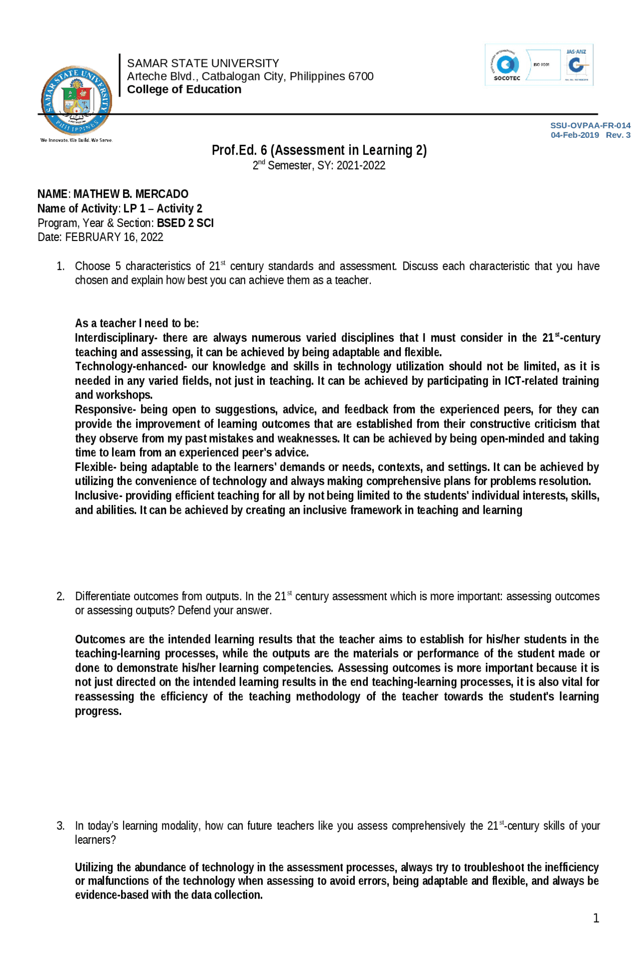 Prof Ed 6 LP1 Exercise | Exercises Psychology | Docsity