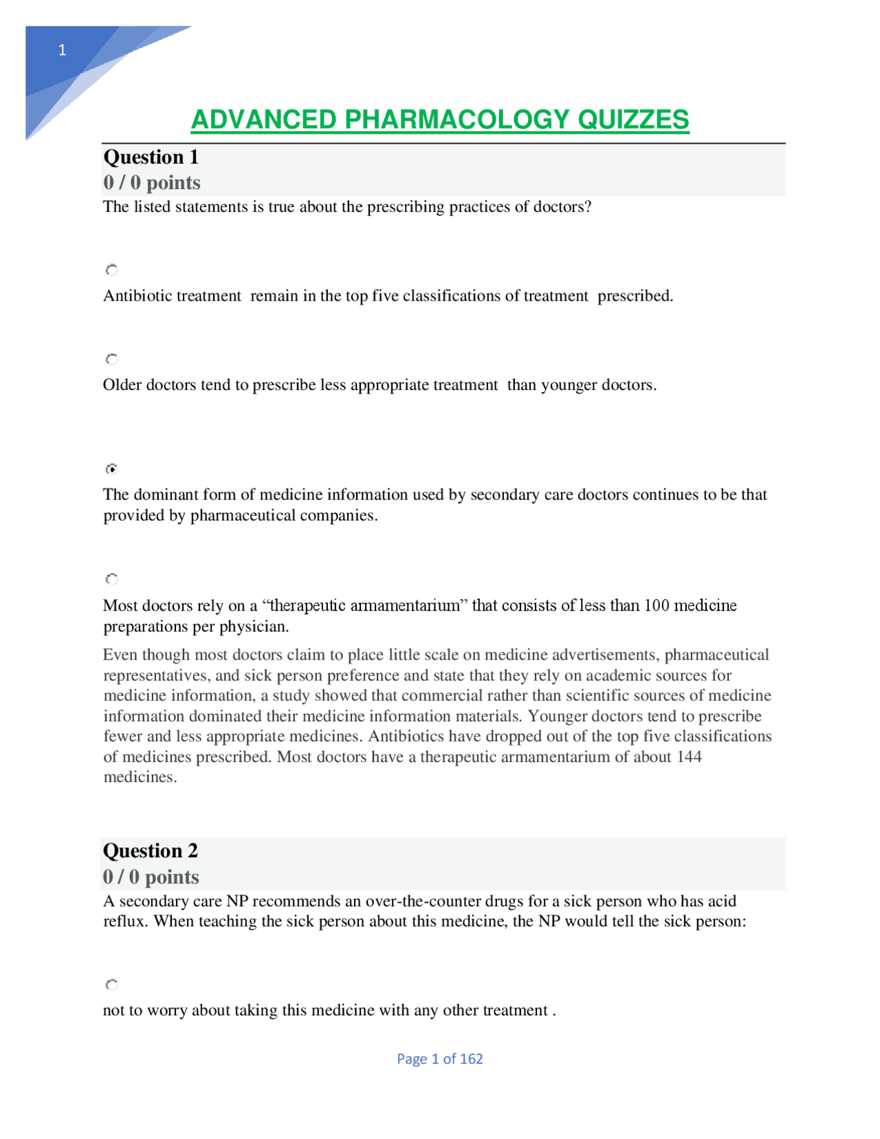 ADVANCED PHARMACOLOGY QUIZZES Bank.pdf - Docsity