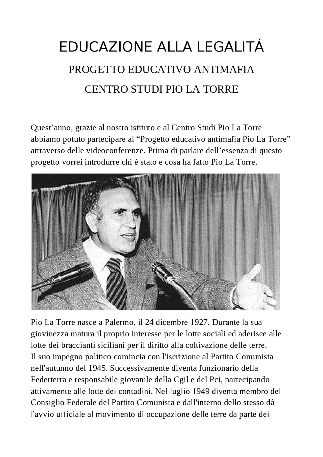 Progetto Pio La Torre Riassunto Docsity