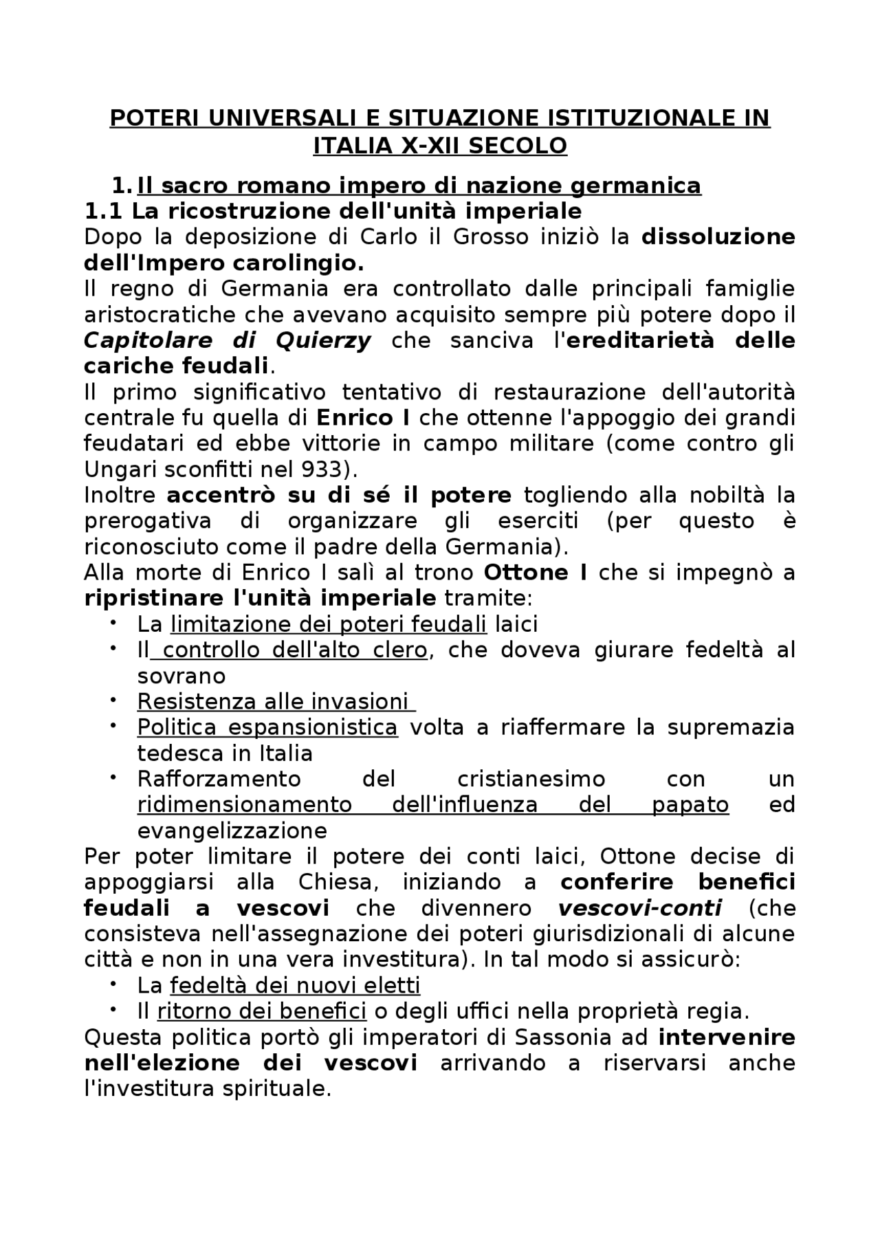 POTERI UNIVERSALI E SITUAZIONE ISTITUZIONALE IN ITALIA X-XII. - Docsity