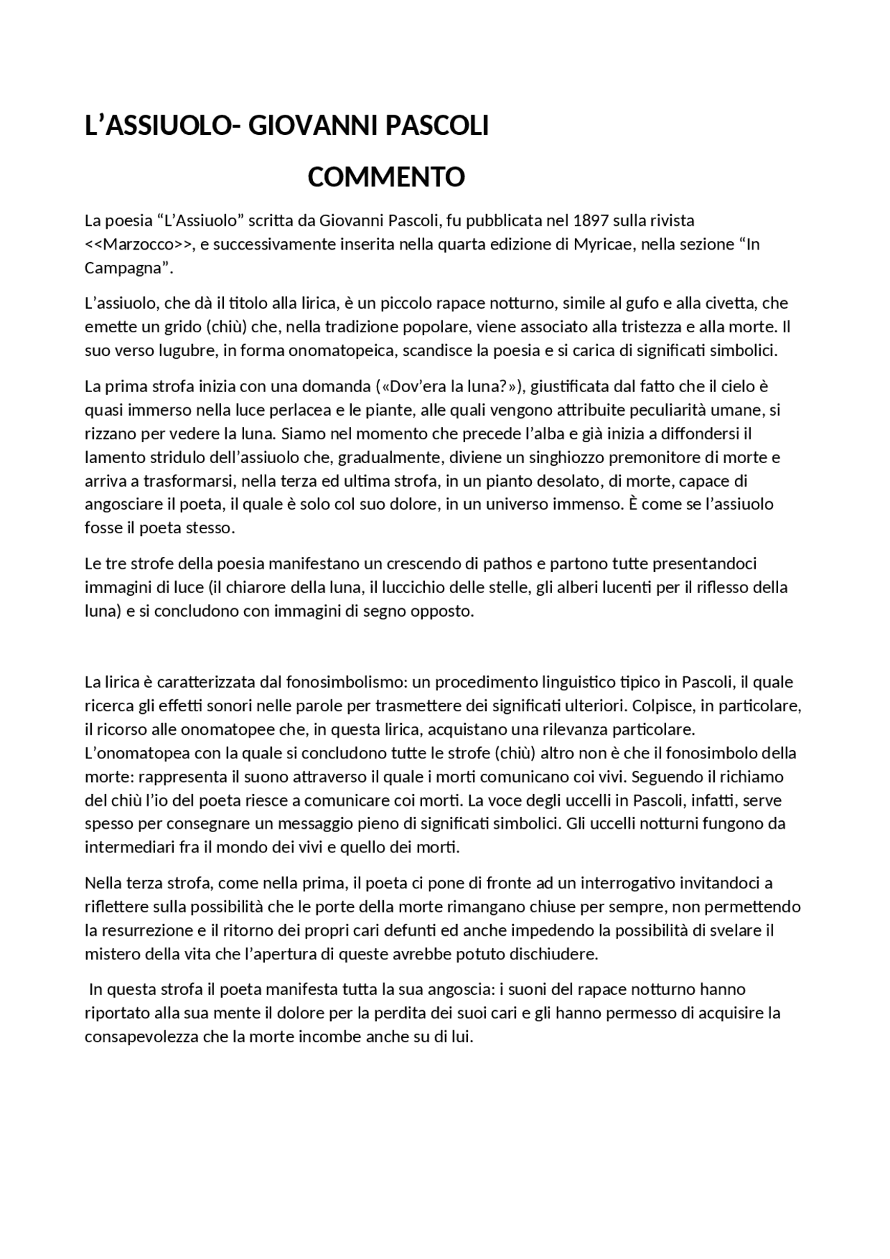 Assiuolo commento pascoli - Docsity