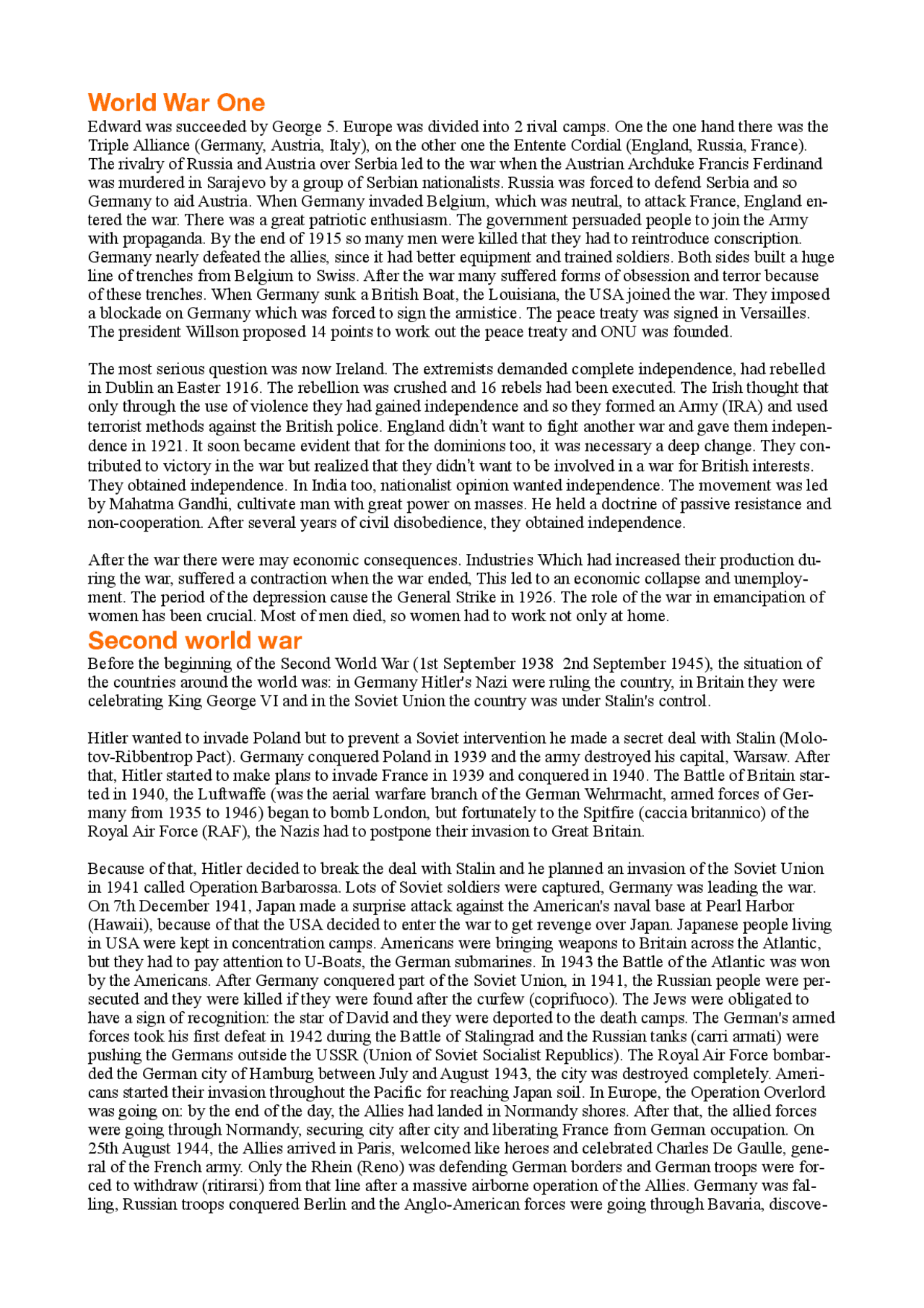 First and second world war - Docsity