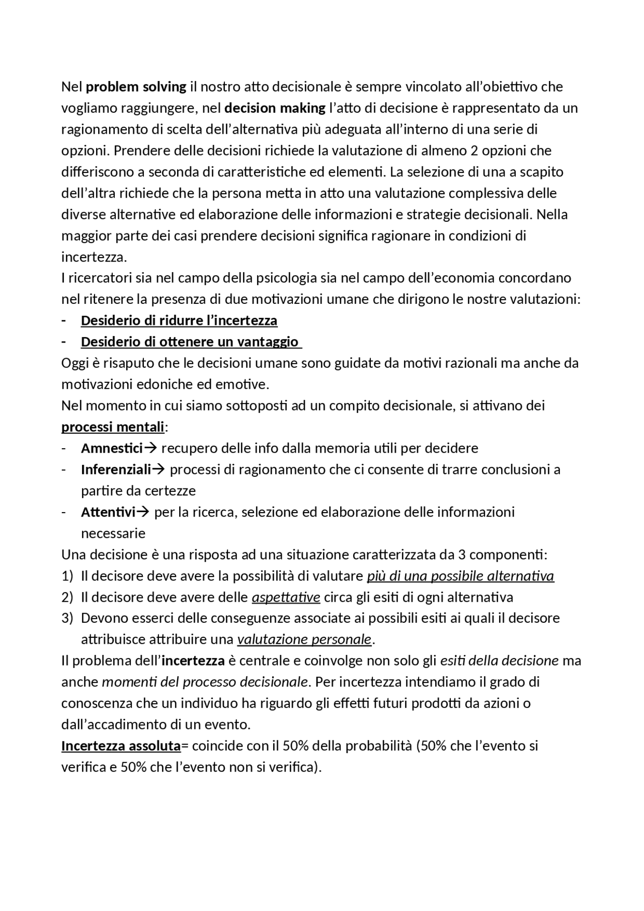 Psicologia dei processi decisionali, appunti - Docsity