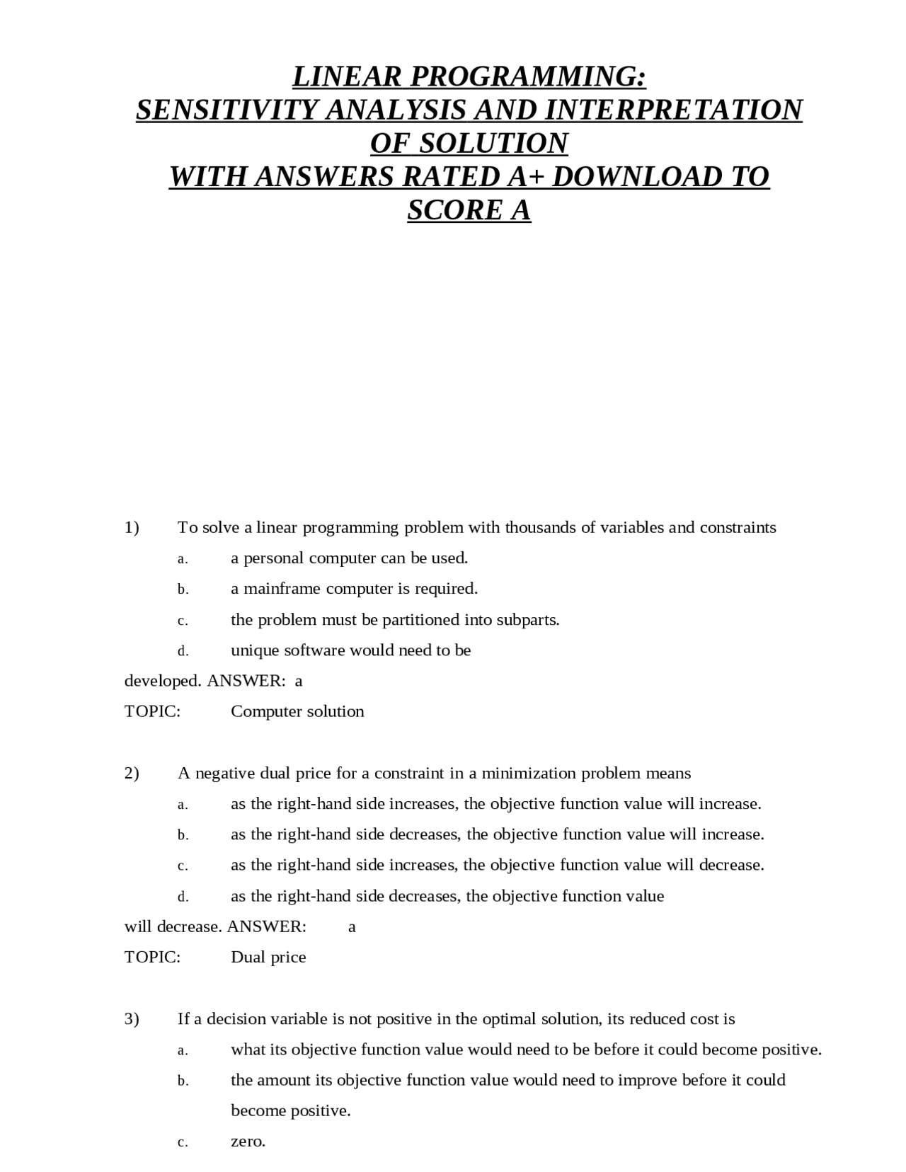 LINEAR PROGRAMMING: SENSITIVITY ANALYSIS AND INTERPRETATION OF SOLUTION WITH ANSWERS RATED - Docsity