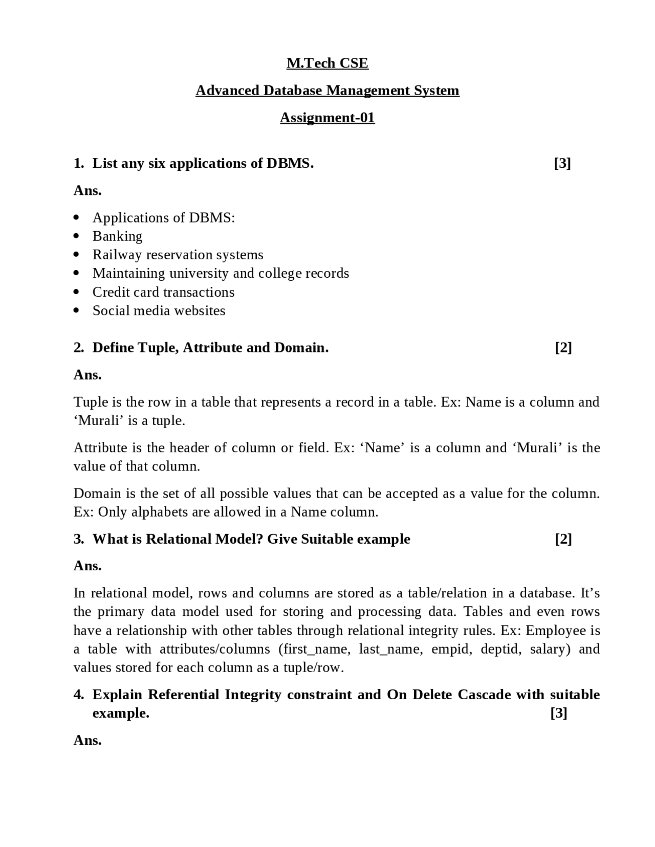 Advanced Database Management Systems Assignment No 1 Assignments