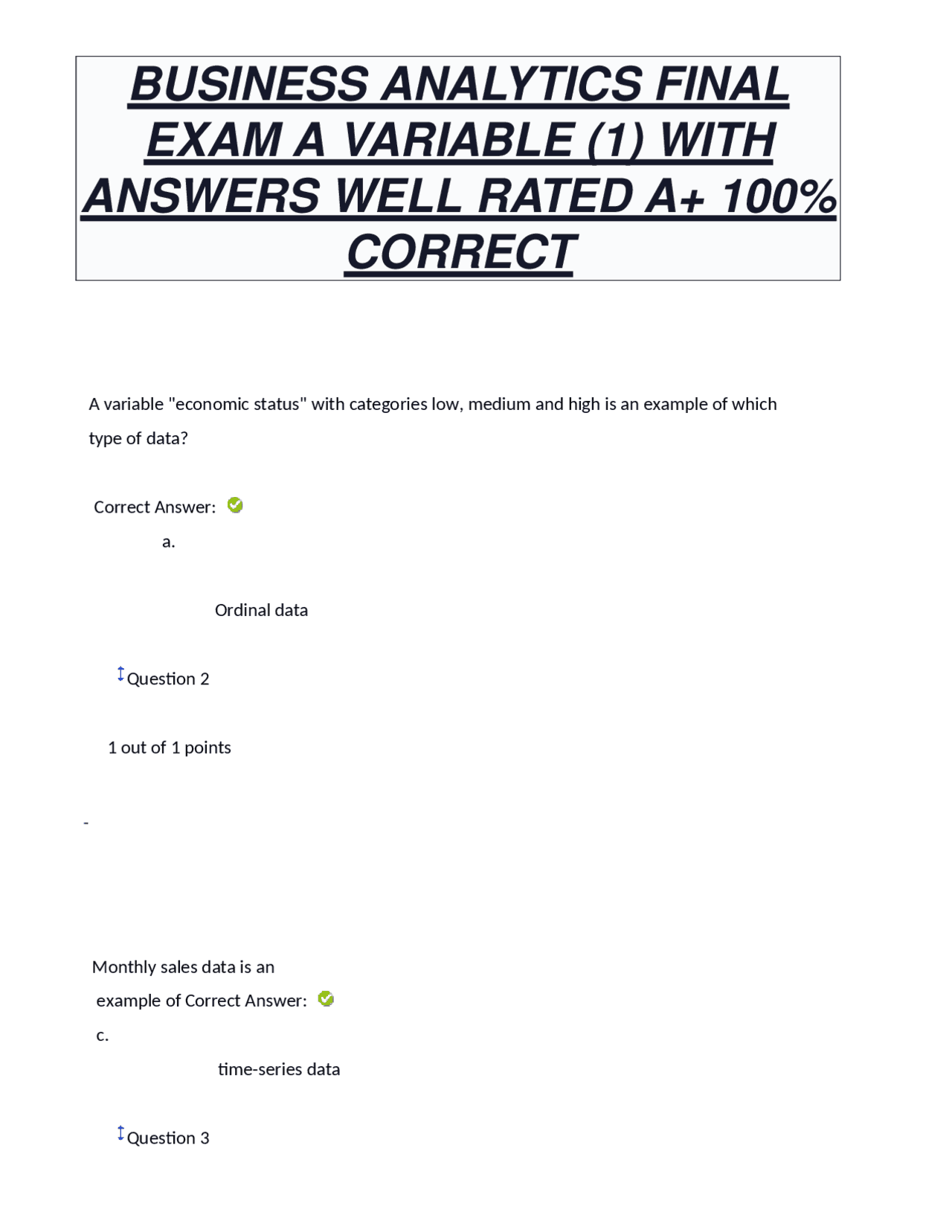 BUSINESS ANALYTICS FINAL EXAM A VARIABLE (1) WITH ANSWERS WELL RATED A+ 100% CORRECT - Docsity