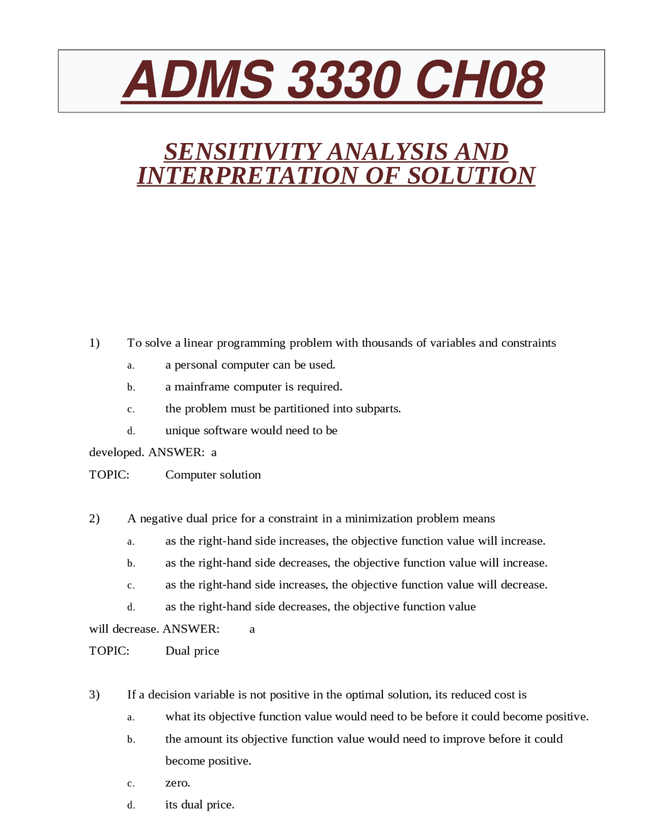 Adms 3330 Ch08 Sensitivity Analysis And Interpretation Of Solution