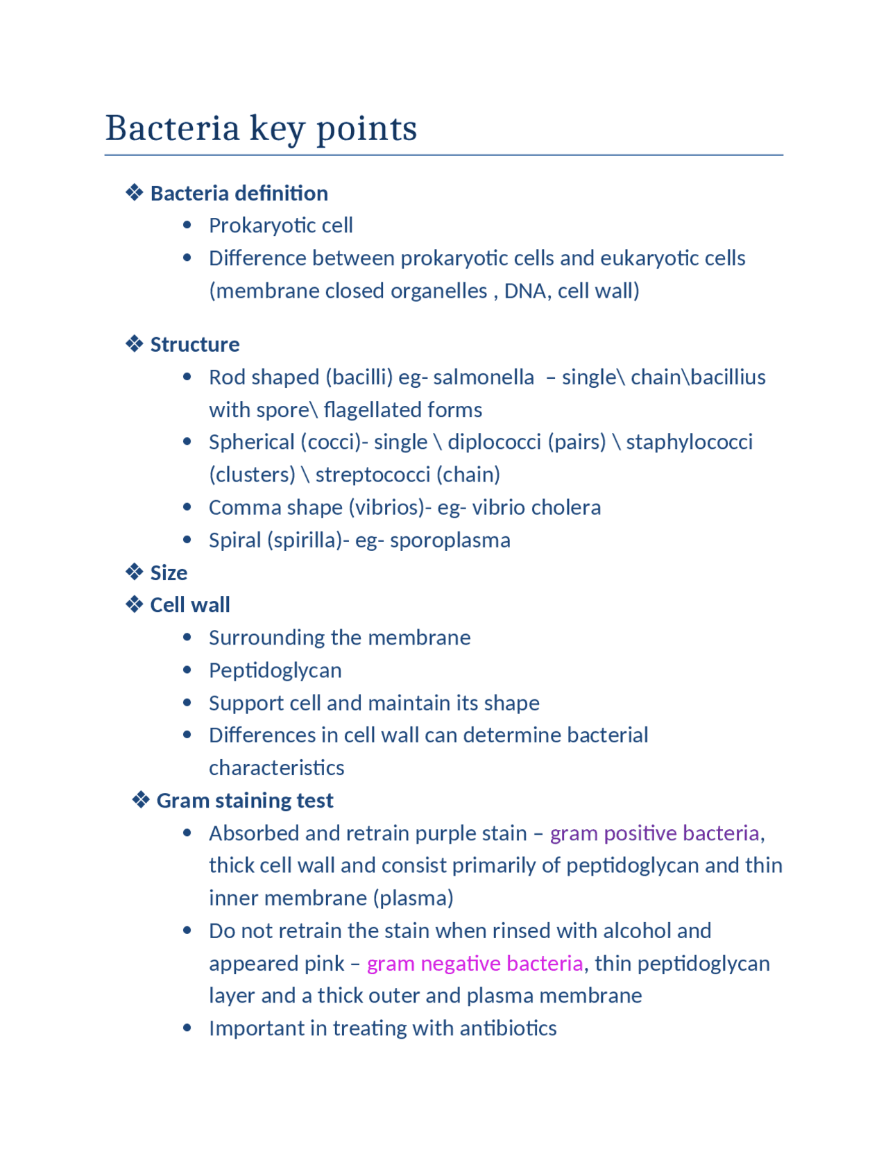 Bacteria key points and important notes - Docsity