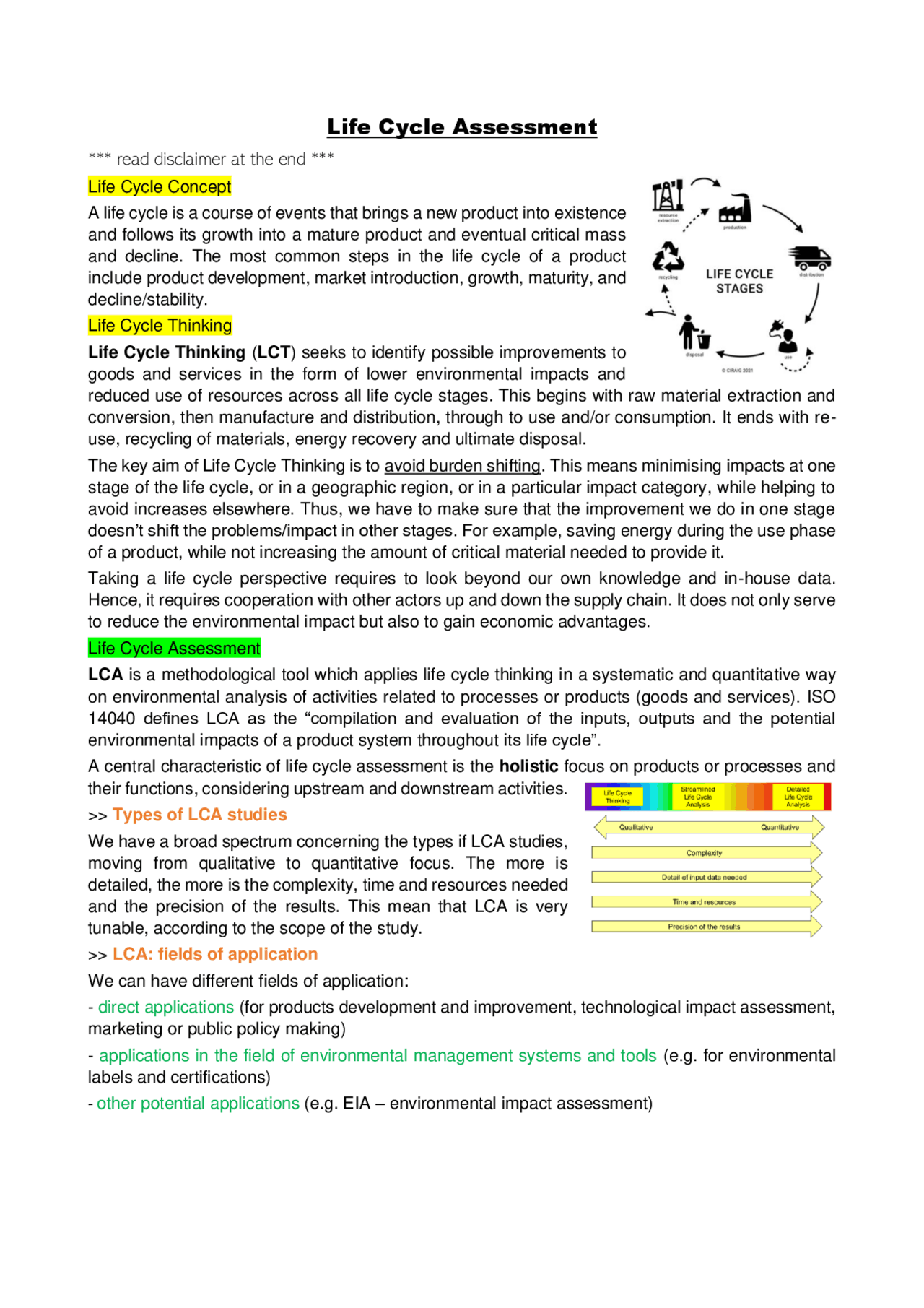 Life Cycle Assessment ( LCA ) : structure and methodologies - Docsity