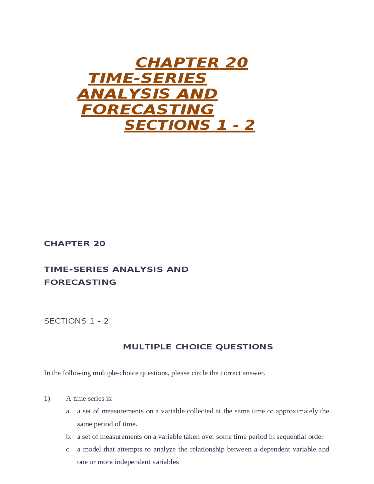 Chapter 20 Time Series Analysis And Forecasting Sections 1 2 Docsity