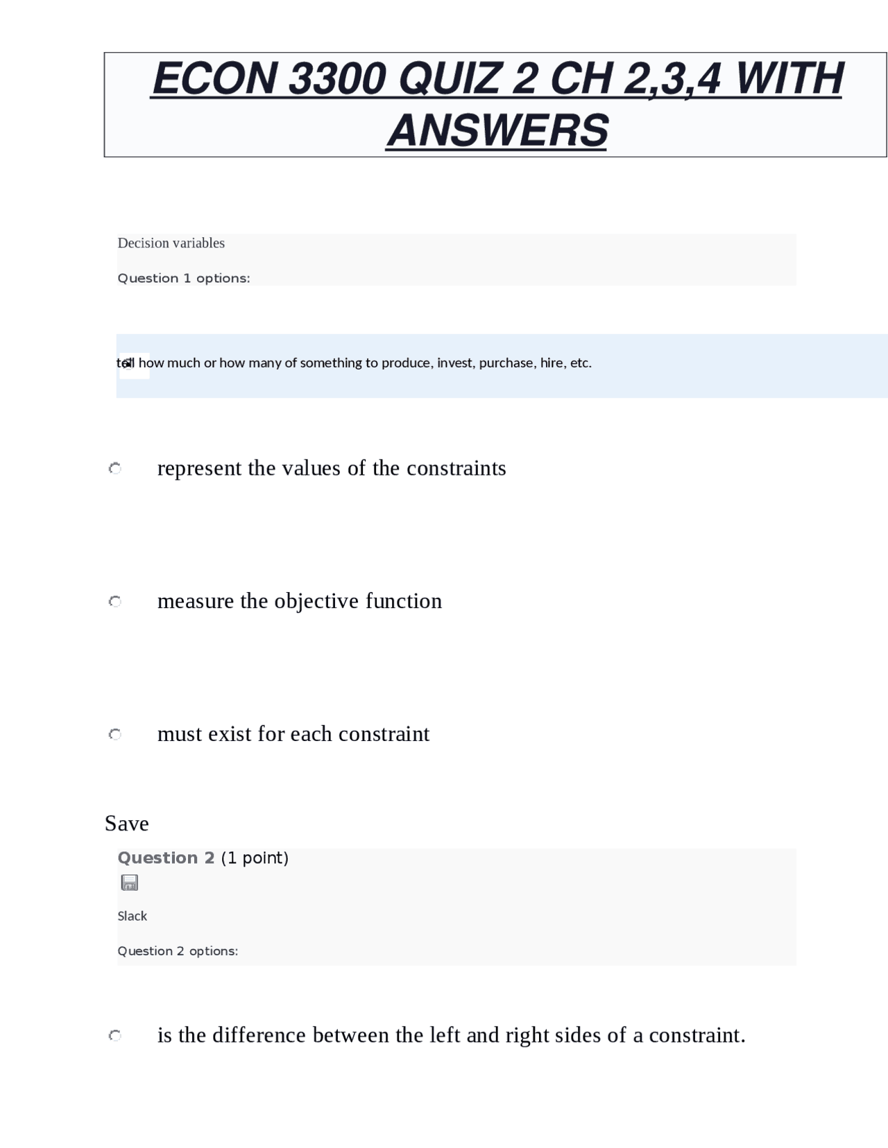 ECON 3300 QUIZ 2 CH 2,3,4 WITH ANSWERS - Docsity