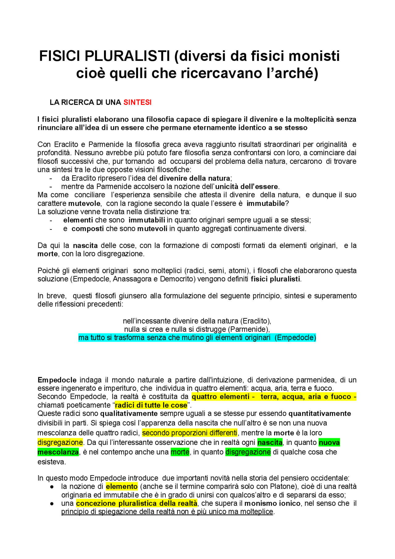 Documento Scritto Appunti Per Classi Terze Liceo Sui Fisici Pluralisti