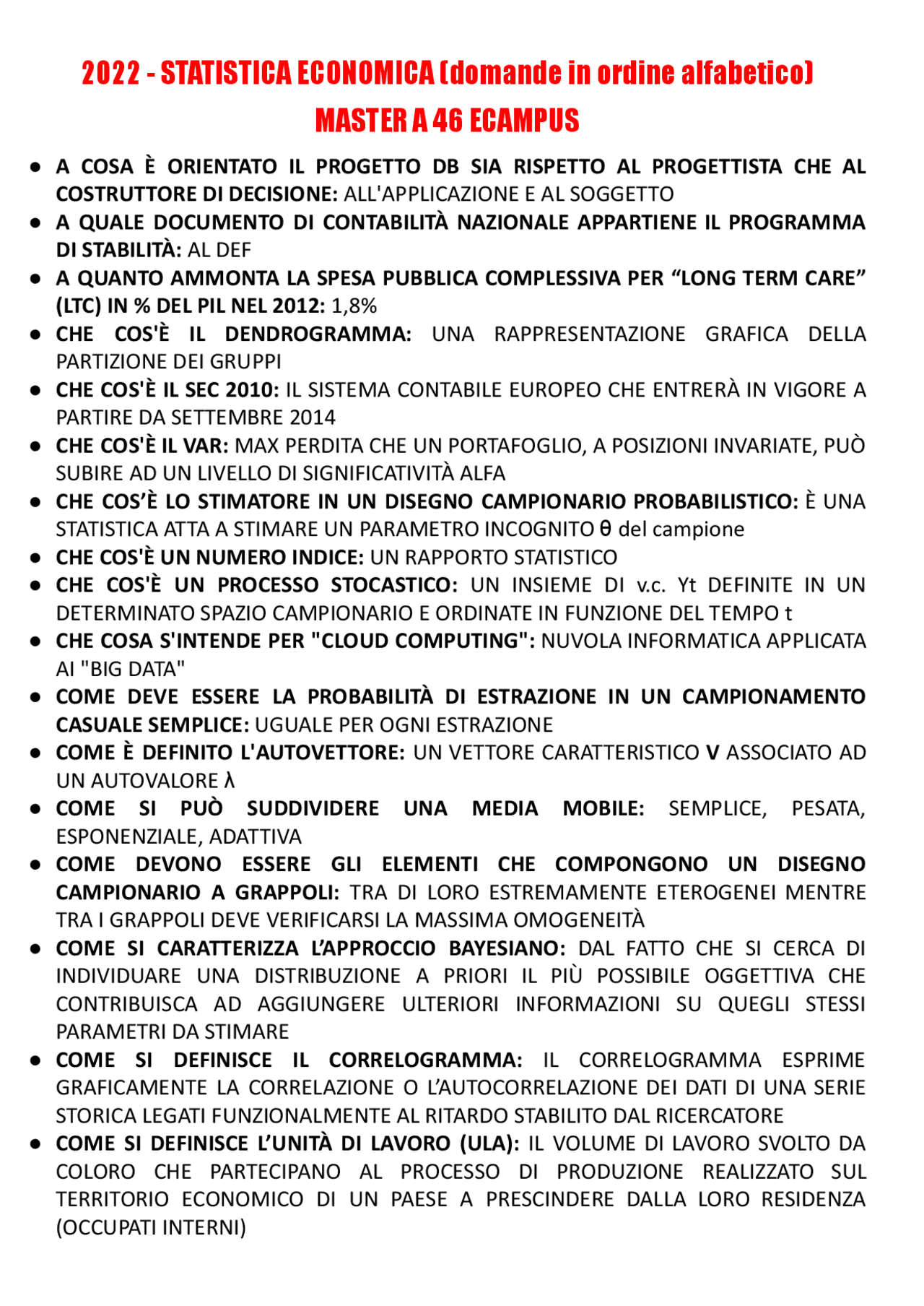 Soluzioni 2022 - STATISTICA - MASTER A46 A 18 ECAMPUS | Panieri di Statistica | Docsity