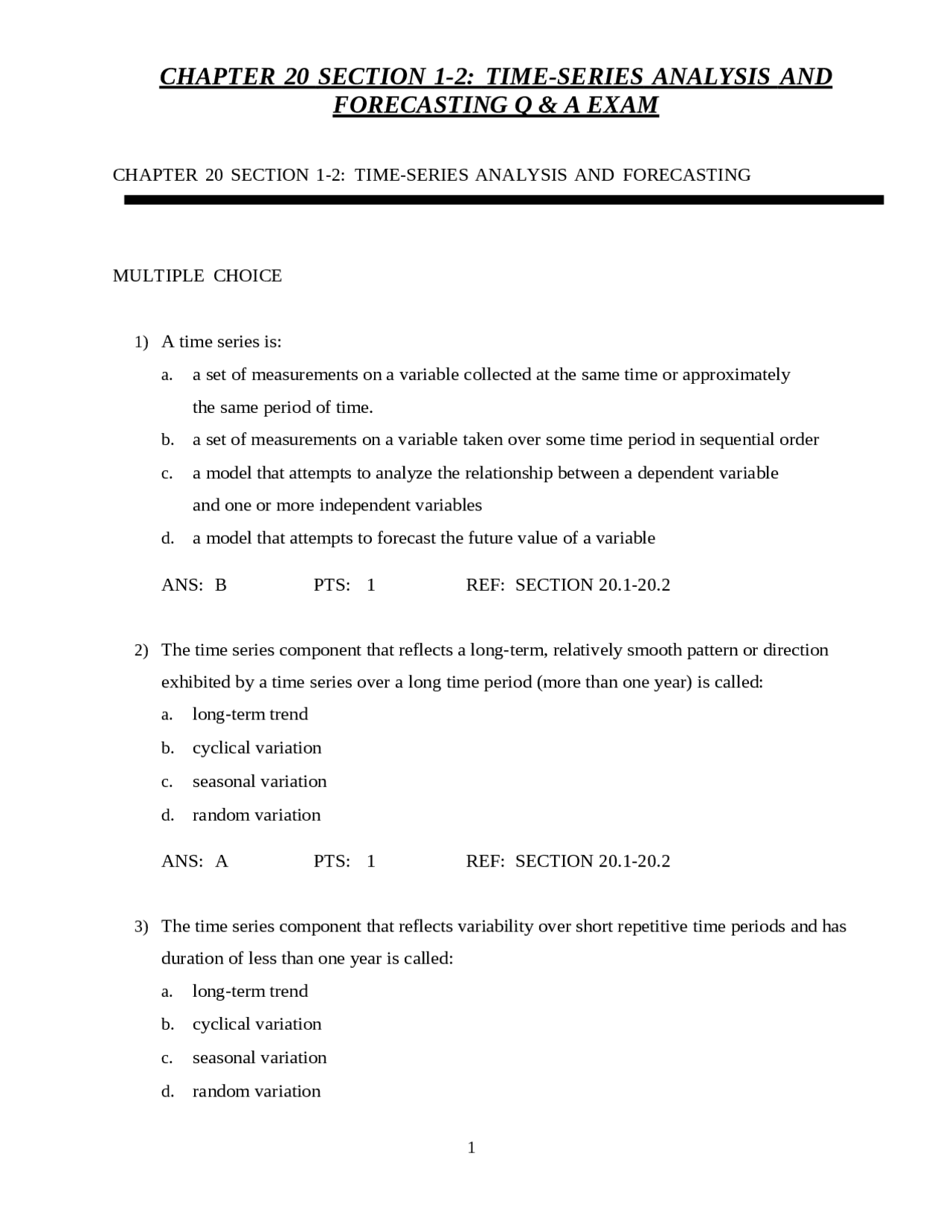 CHAPTER 20 SECTION 1-2: TIME-SERIES ANALYSIS AND FORECASTING Q & A EXAM ...