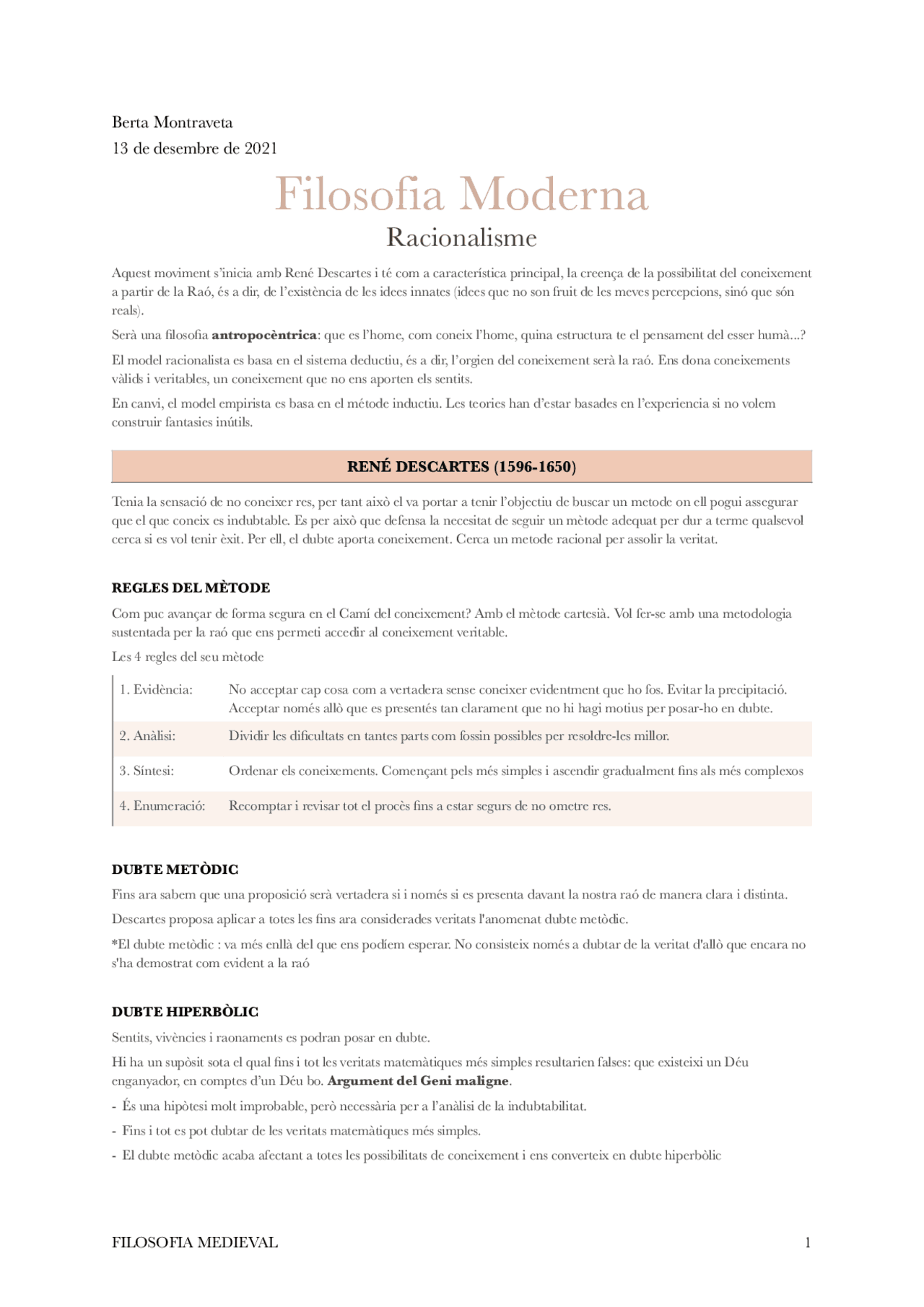 Filosofia Moderna Racionalisme RENÉ DESCARTES (1596-1650) | Resúmenes ...